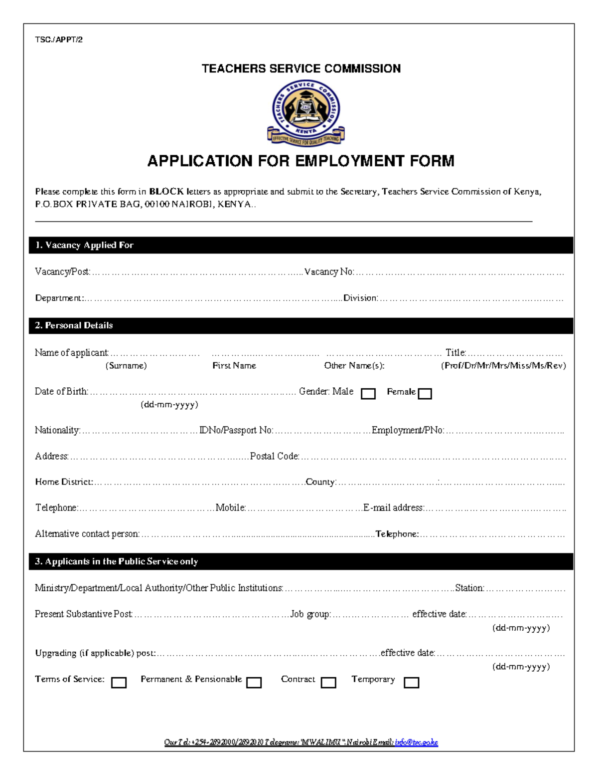 TSC Employment Application Form 1 - Ouurr TTeell:: ++2 25544 ...