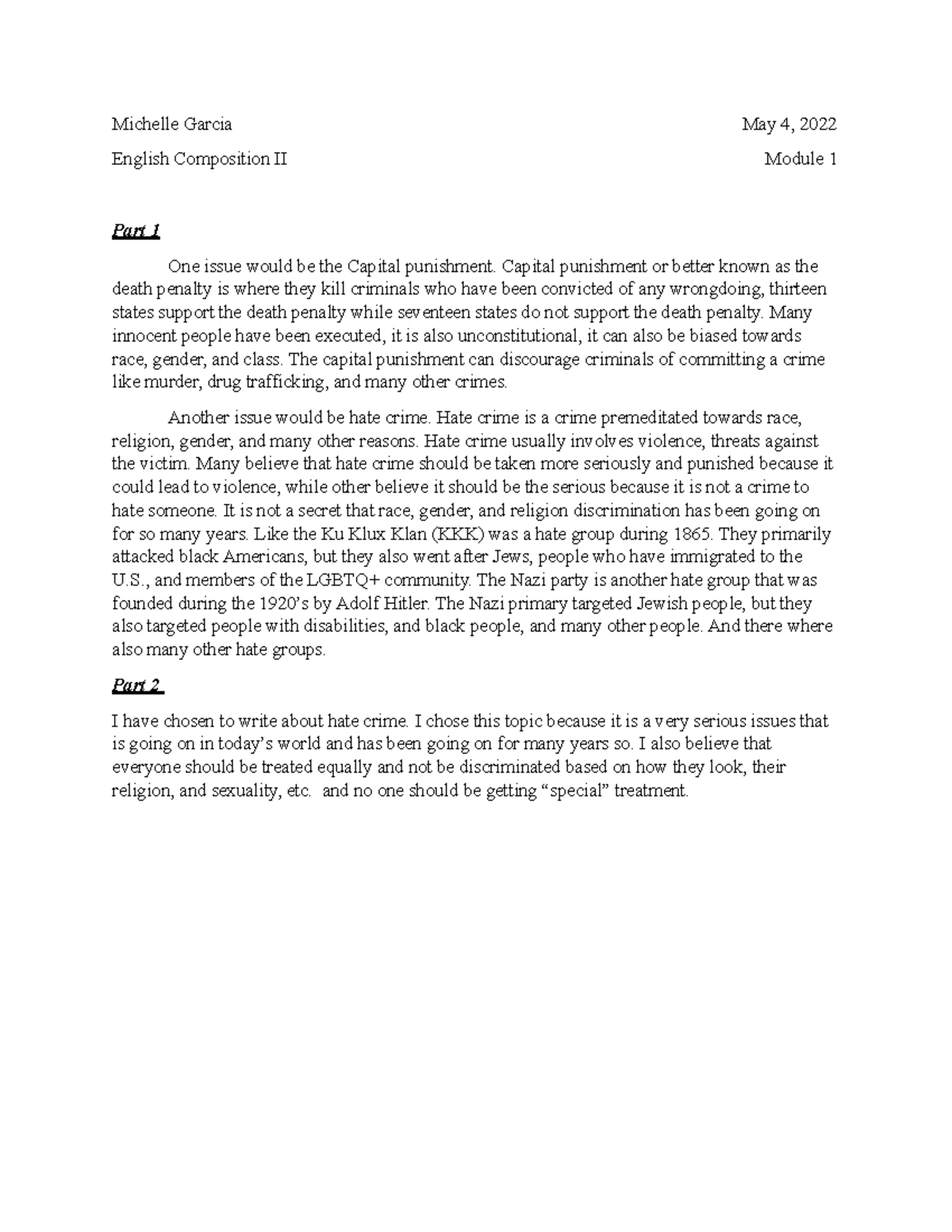 ENG-123 Module 1 - Michelle Garcia May 4, 2022 English Composition II ...