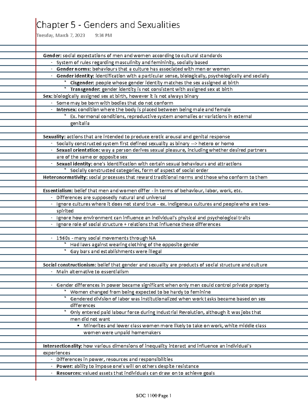 Chapter 5 - Genders and Sexualities Notes - Gender: social expectations ...