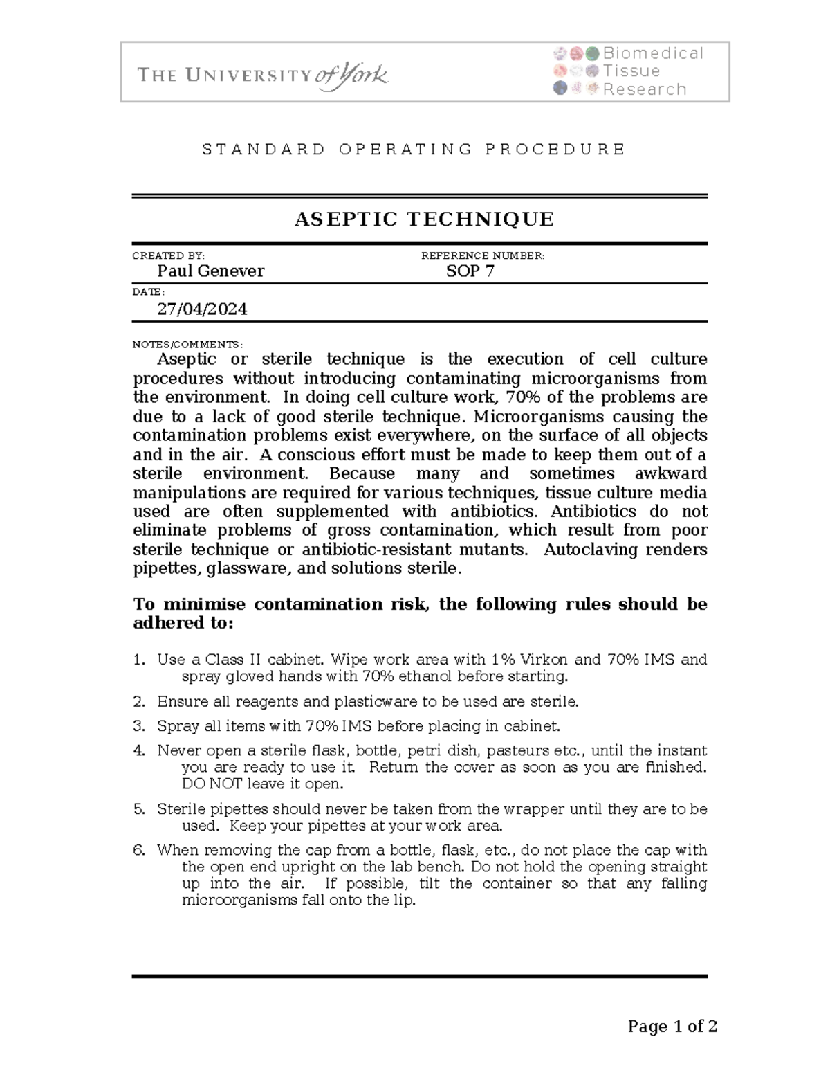SOP 7 (Aseptic technique) - S T A N D A R D O P E R A T I N G P R O C E ...