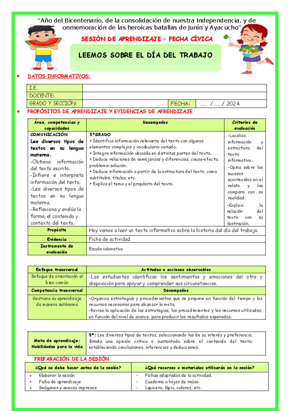 SES- Fecha Cívica- Leemos Sobre EL DÍA DEL Trabajo Fecha Cívica - la ...