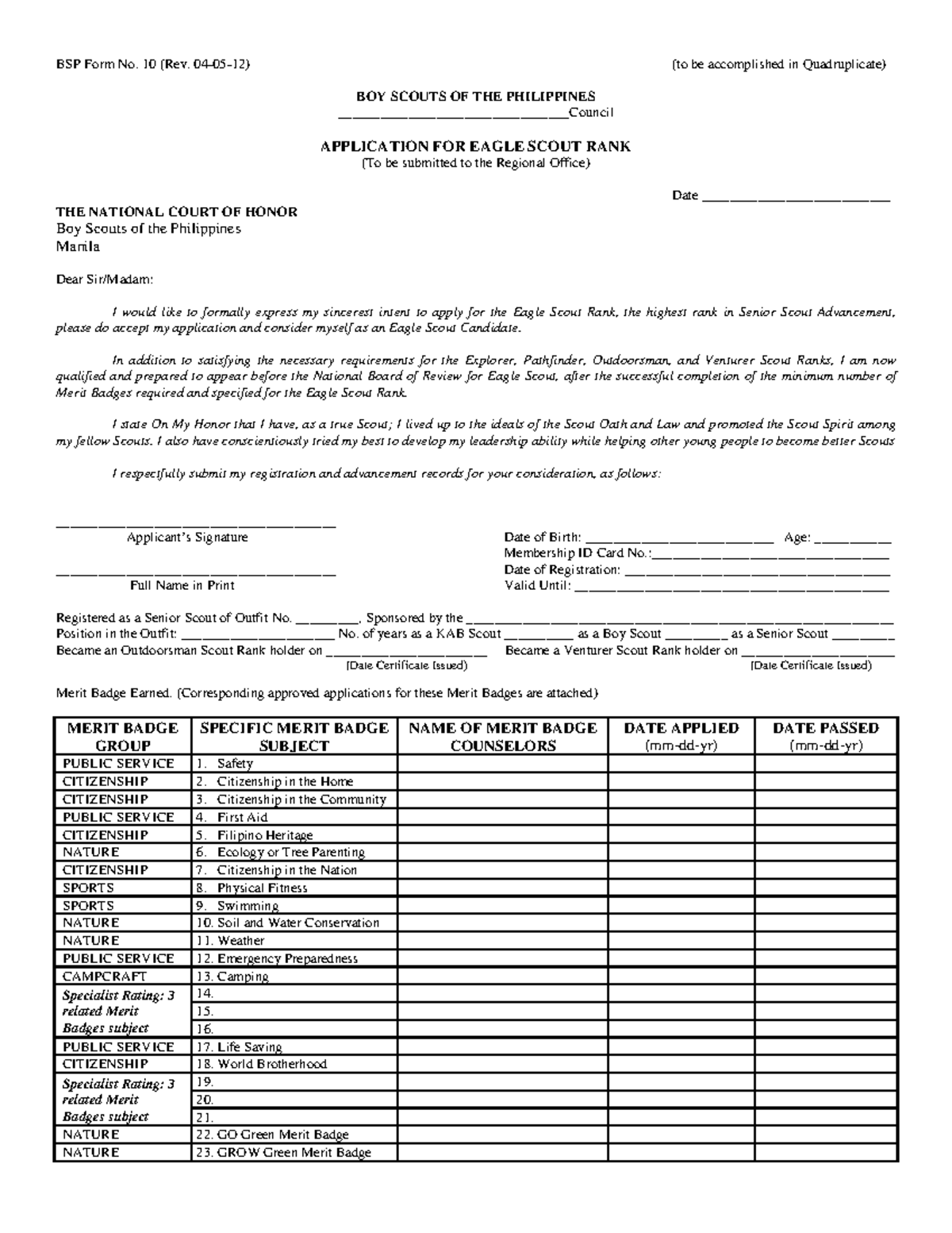 Eagle Scout Application - BSP Form No. 10 (Rev. 04-05-12) (to be ...