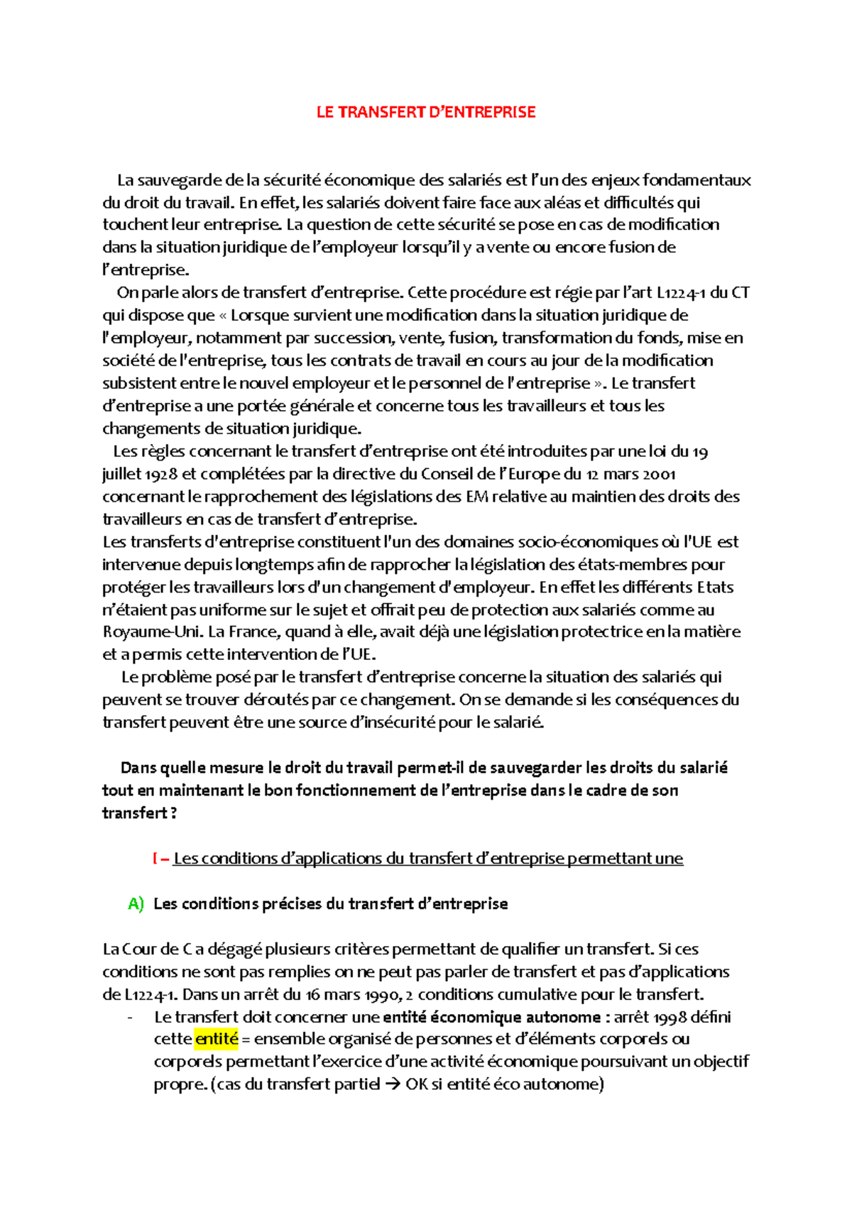 Le transfert d'entreprise de l'article L1224-1 du Code du travail - LE ...