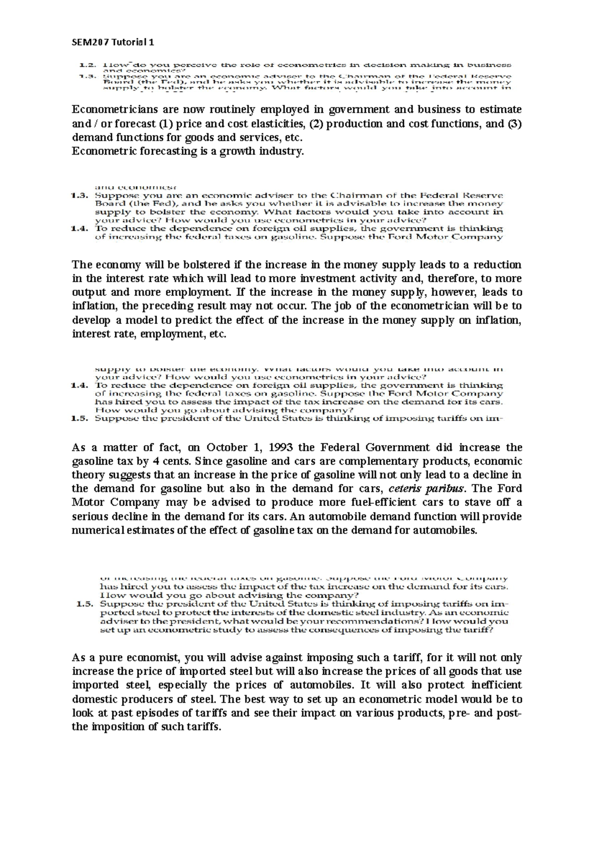 Basic Econometrics - Tutorial class - SEM207 Tutorial 1 Questions and Answer - SEM207 Tutorial 1 ...
