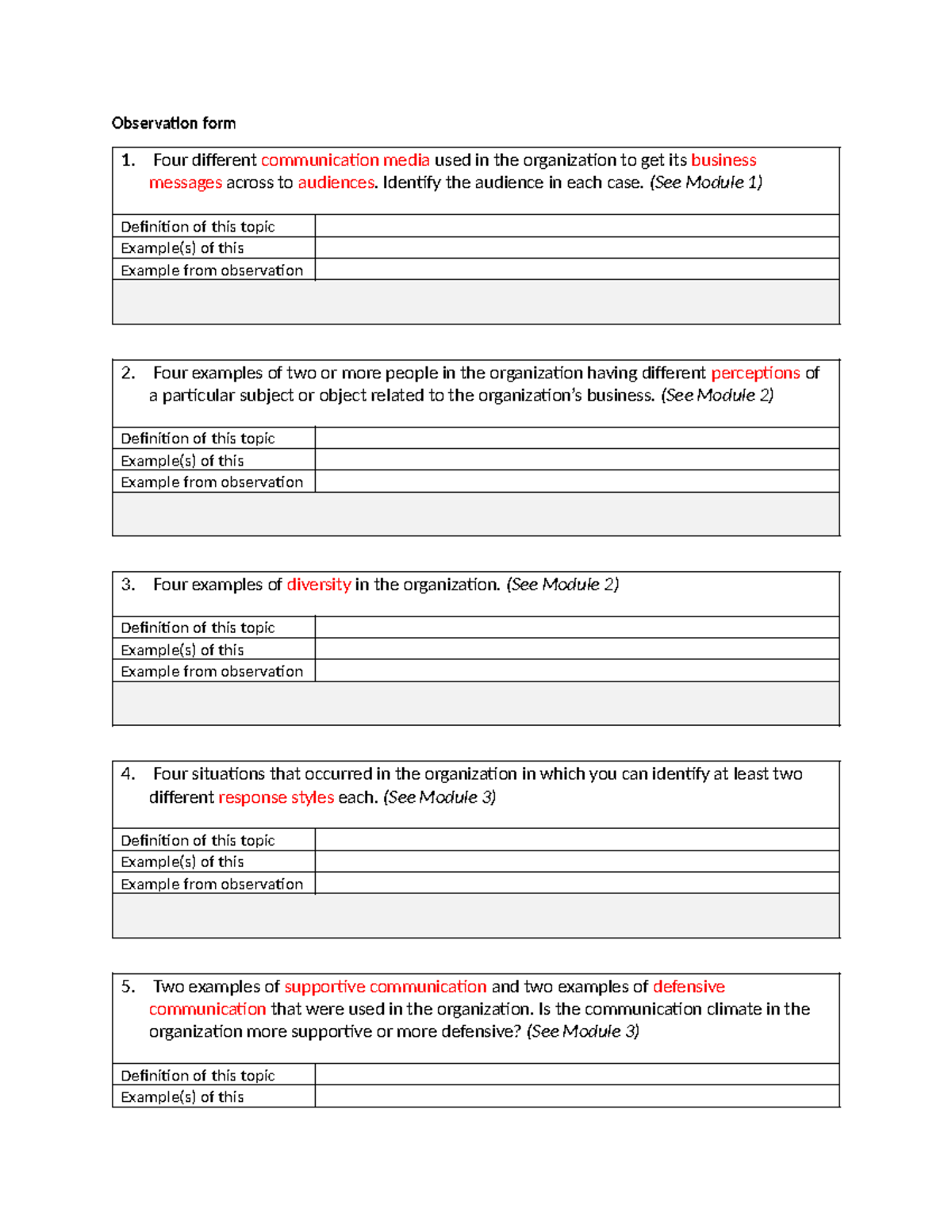 Team project Observation form Student handout - Observation form 1 ...