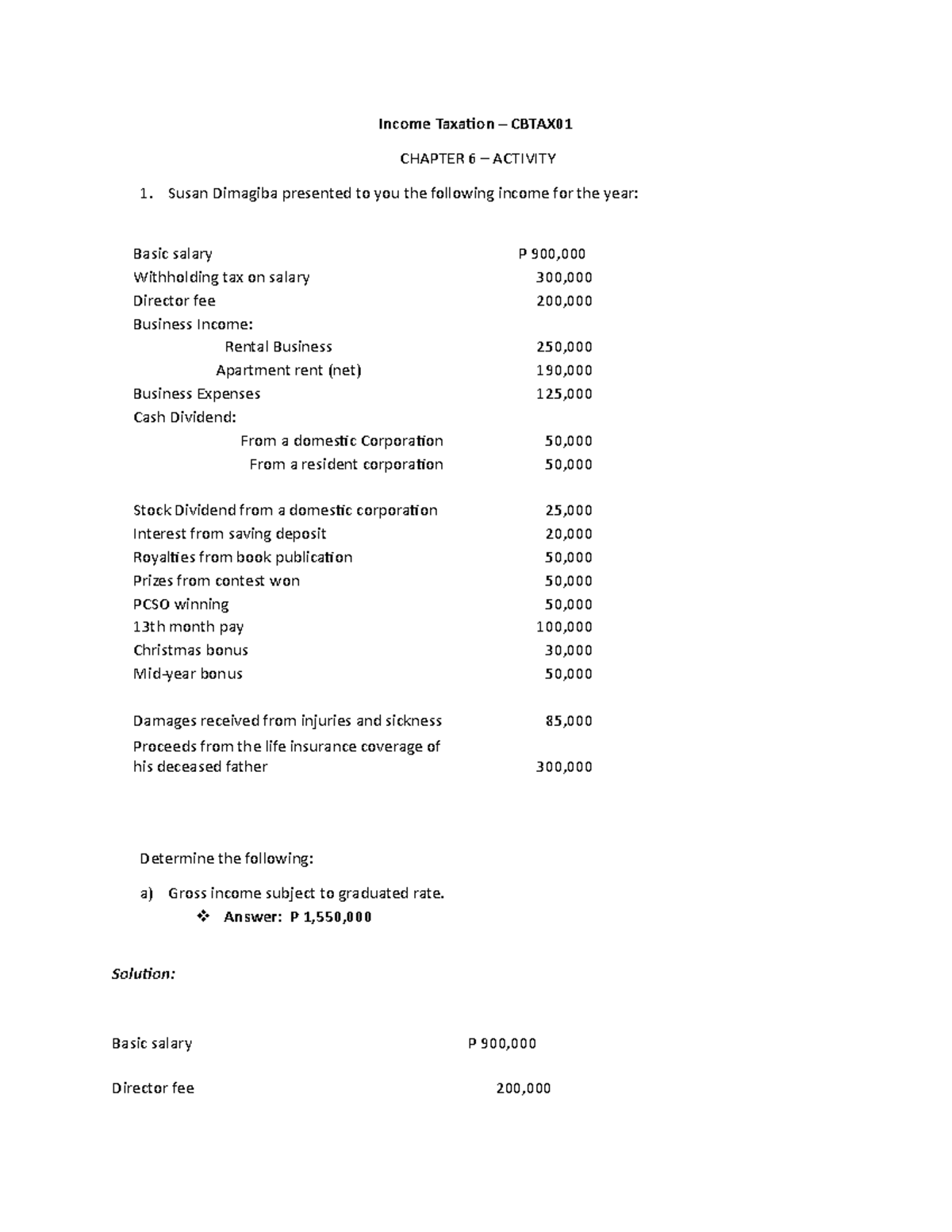 Income Taxation- Gross Income- PROBLEM SULOTIONS - Income Taxation ...