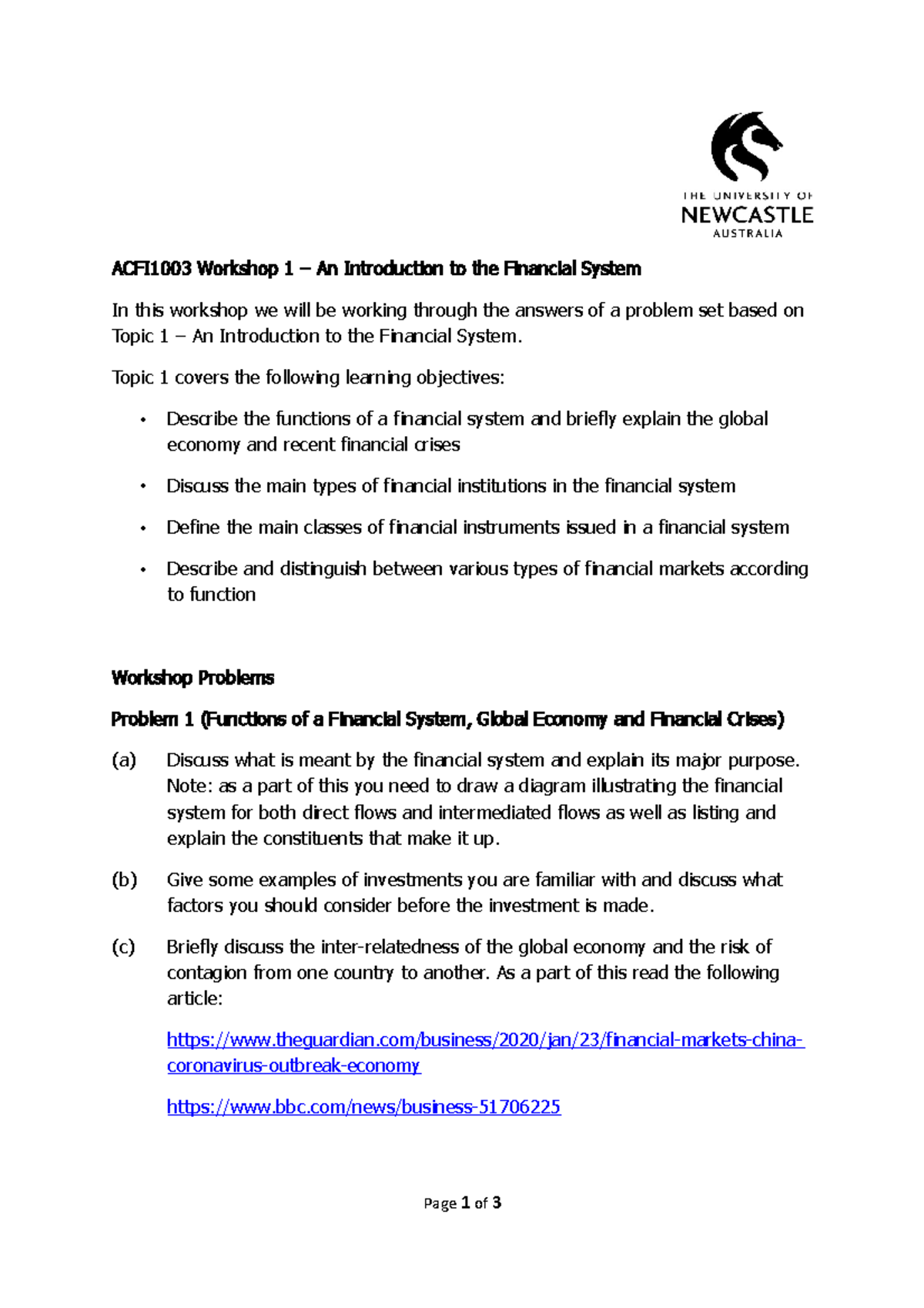 ACFI1003 Workshop 1 - Introduction to the Financial System - Questions ...