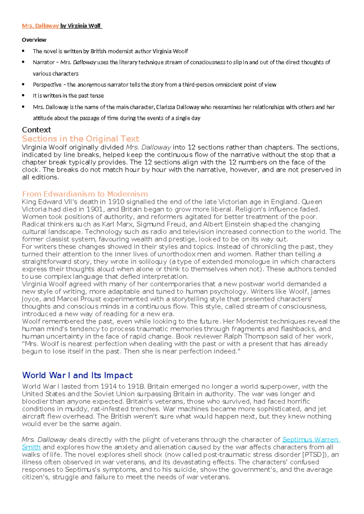 Mrs Dalloway by Virginia Wolf (Notes) - Mrs. Dalloway by Virginia Wolf ...