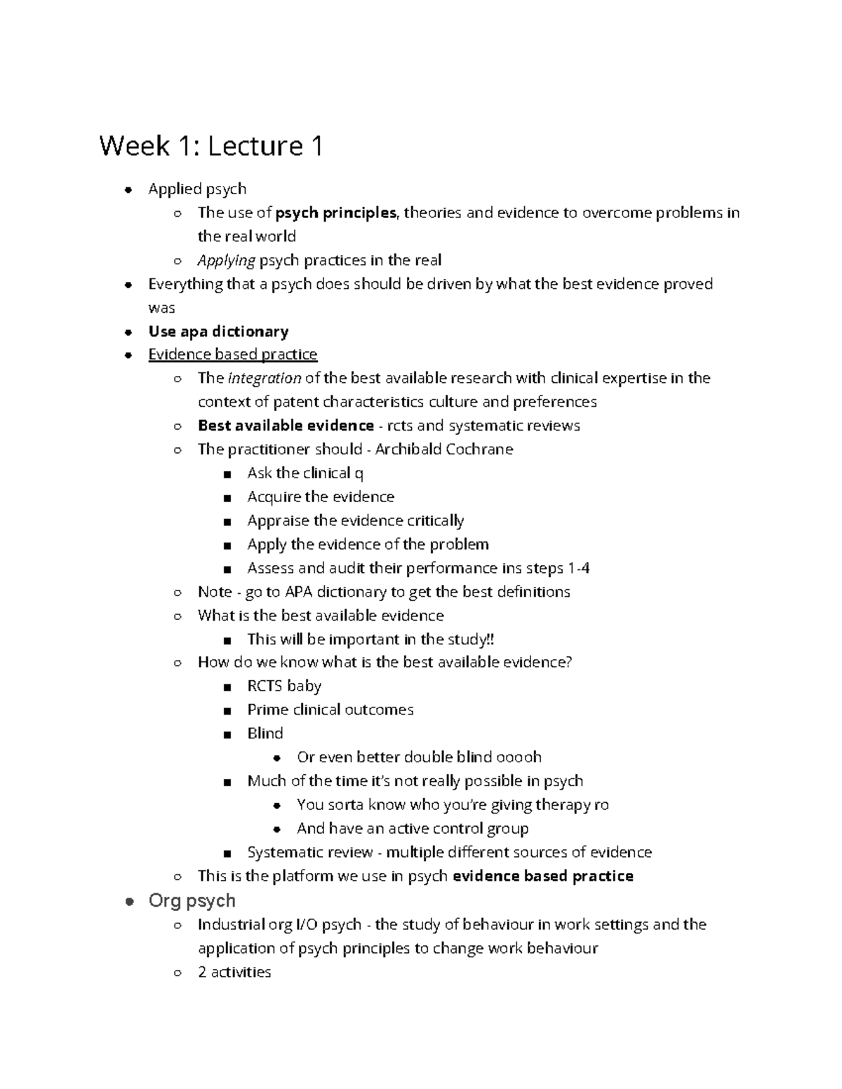 Organsiational Psych - notes - Week 1: Lecture 1 Applied psych The use ...