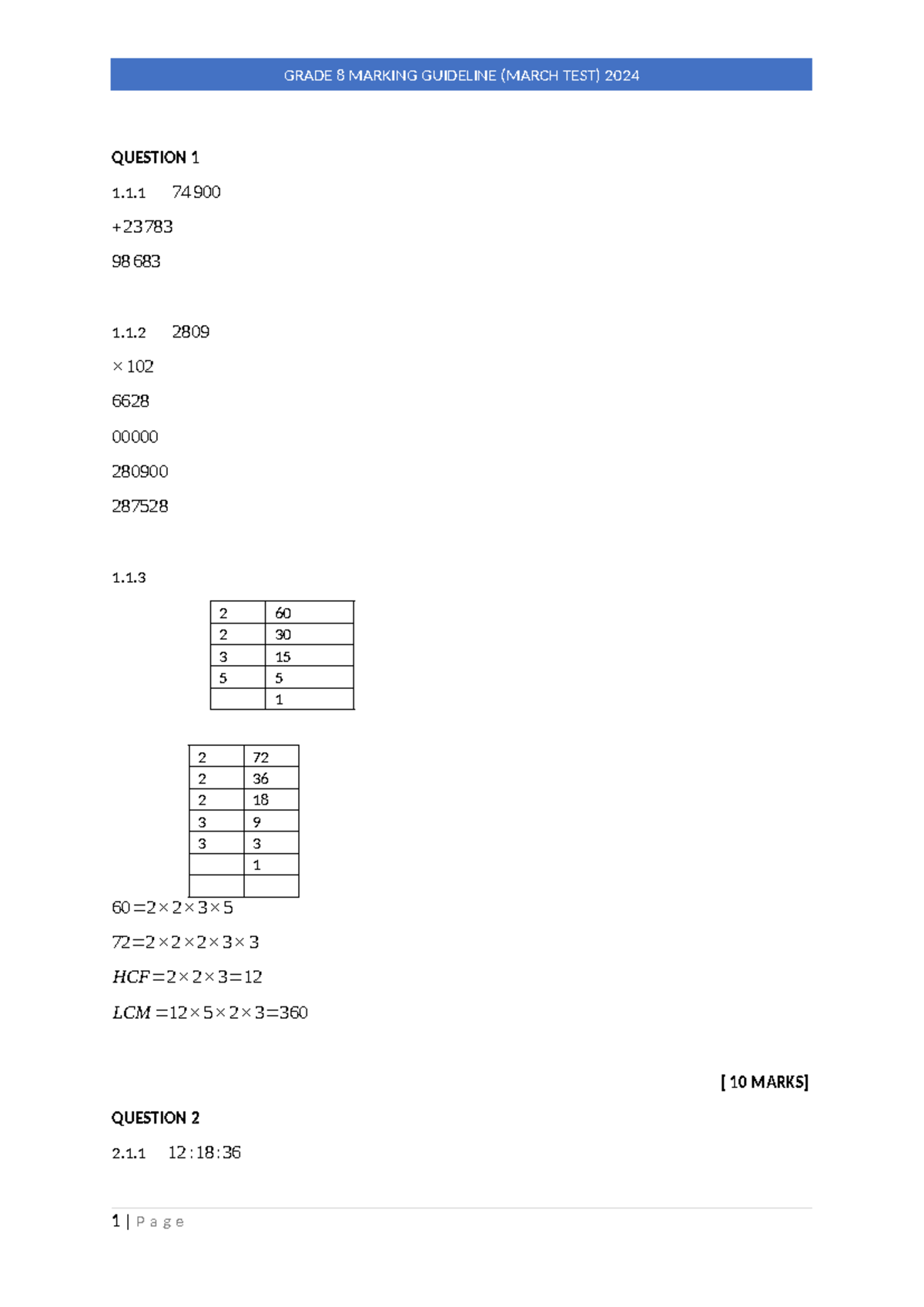 Memorandum - Marking Guideline test - [ 10 MARKS] QUESTION 1.1 1.1 × ...