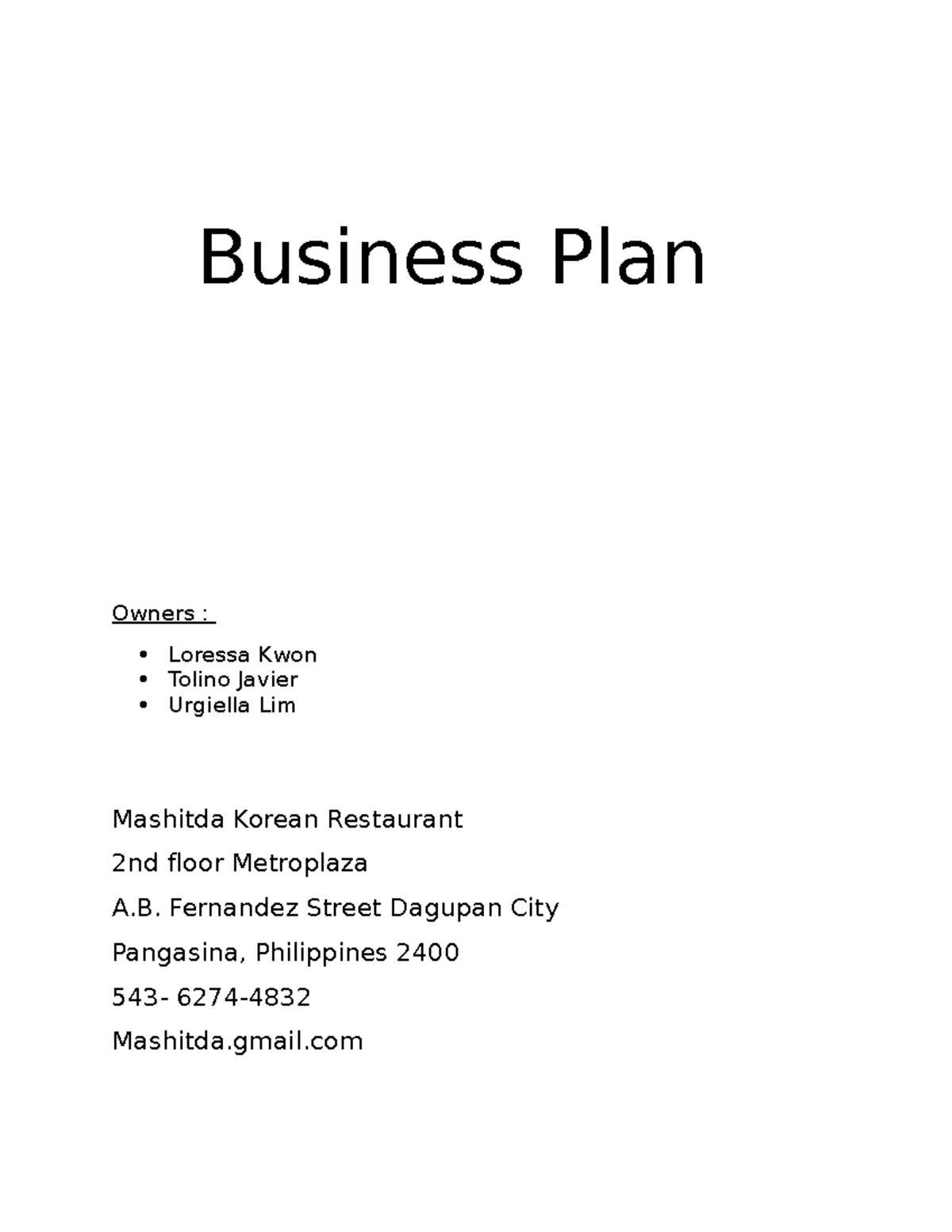 Business Plan - bgycsi - Business Plan Owners : Loressa Kwon Tolino ...