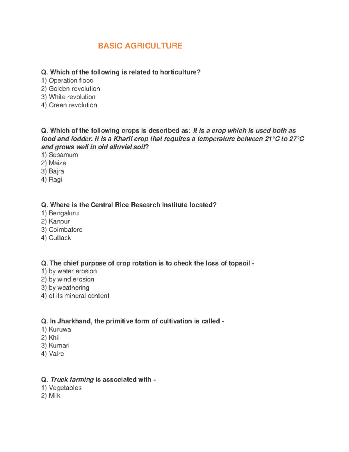 Basic agriculture part 1 - BASIC AGRICULTURE Q. Which of the following ...