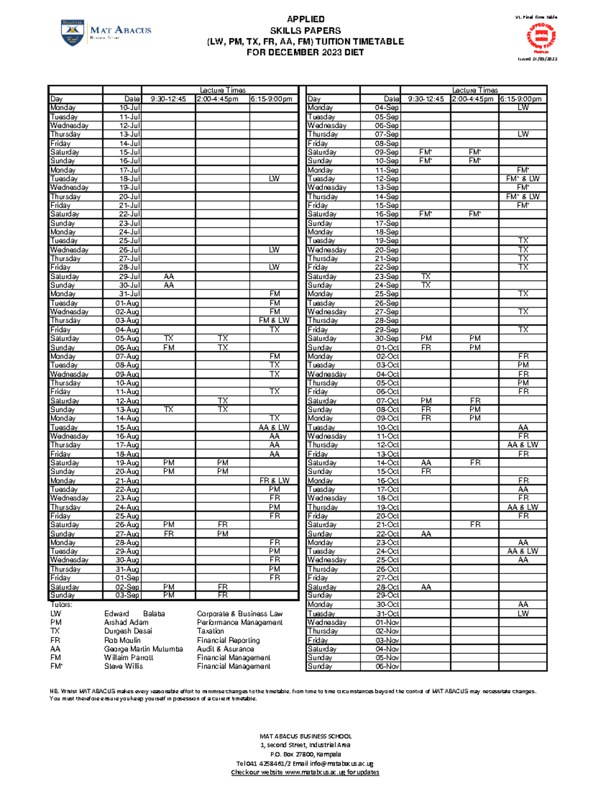 ACCA Applied Skills Timetable Dec - APPLIED SKILLS PAPERS (LW, PM, TX ...