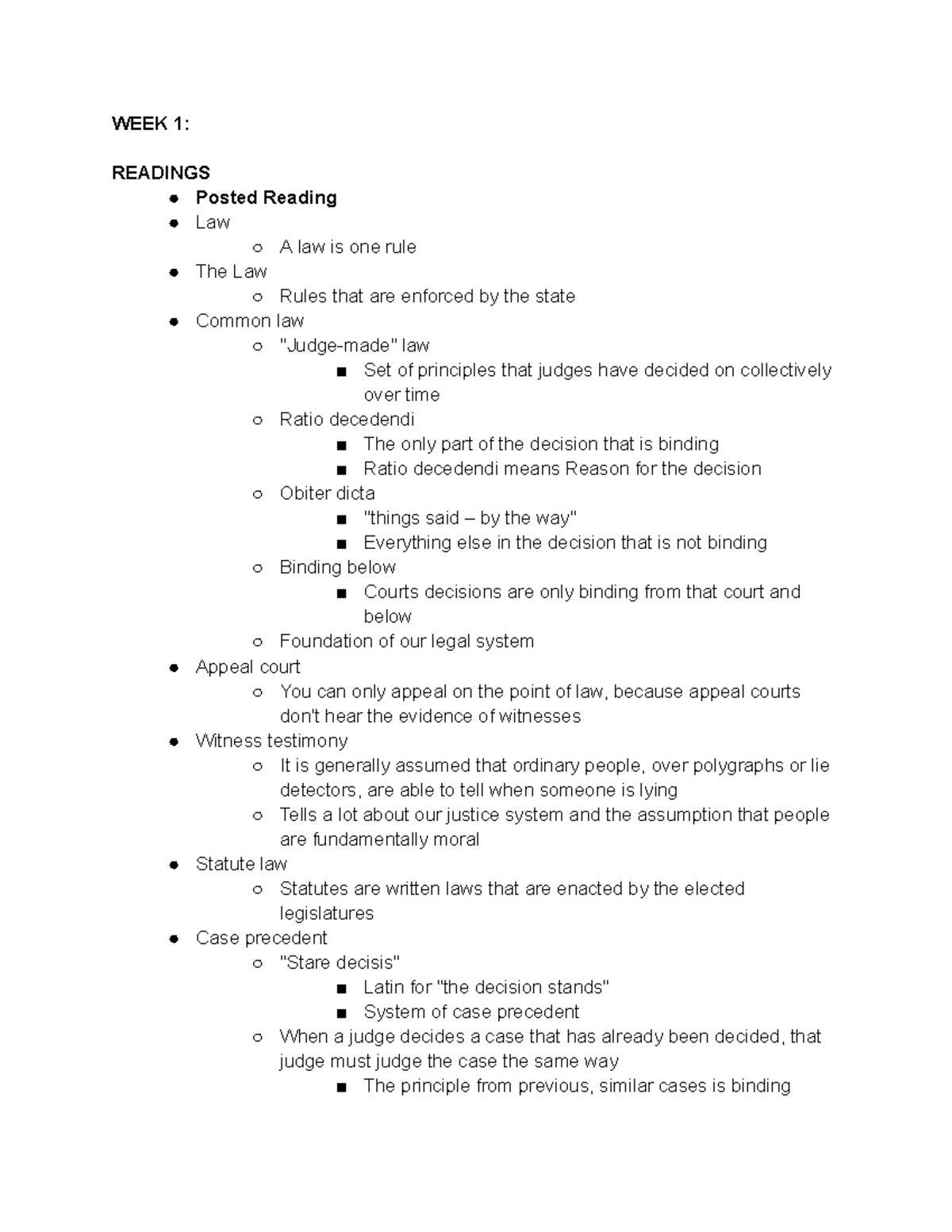 Tort Law Midterm Notes - WEEK 1: READINGS Posted Reading Law A law is ...