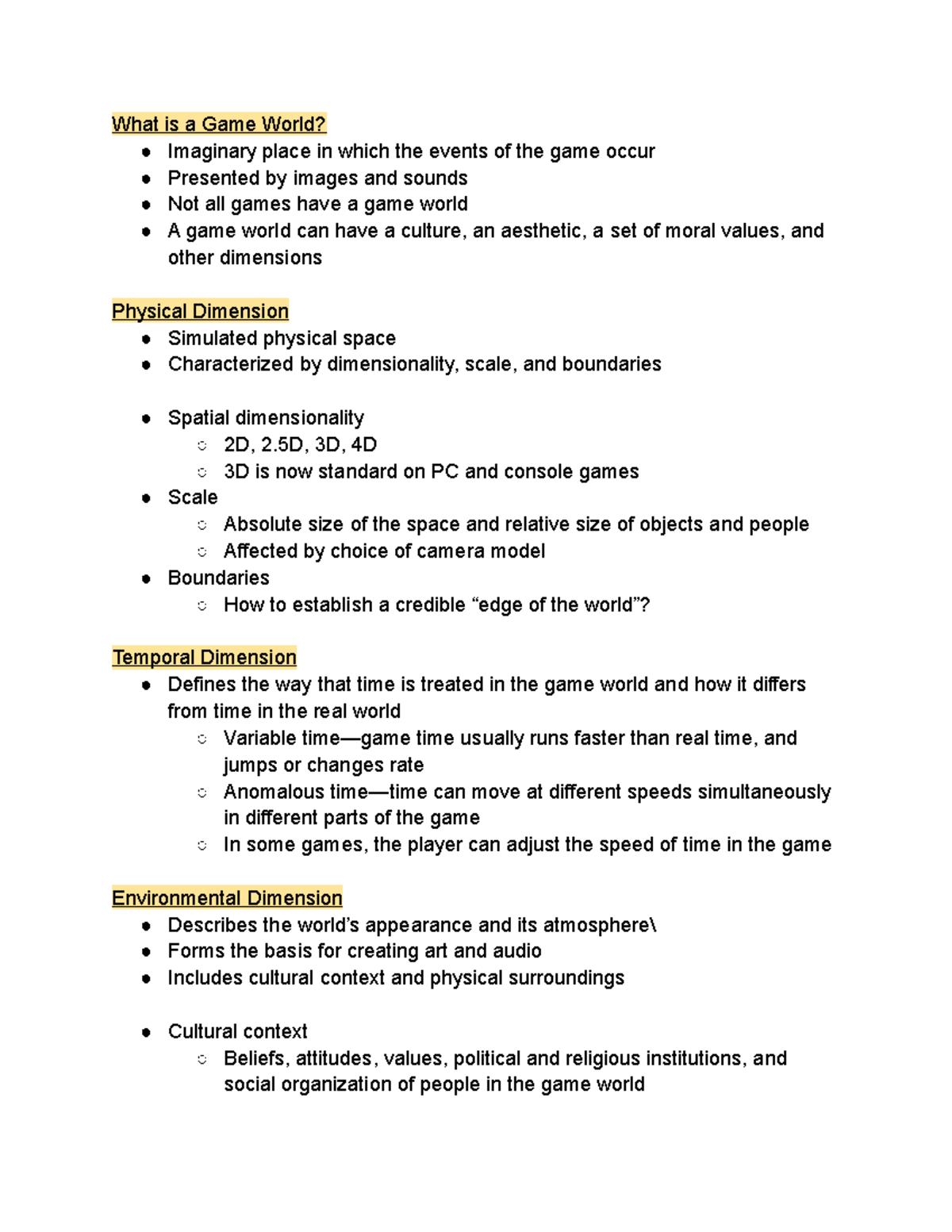 Chapter 4 Game Worlds - Notes - What is a Game World? Imaginary place ...