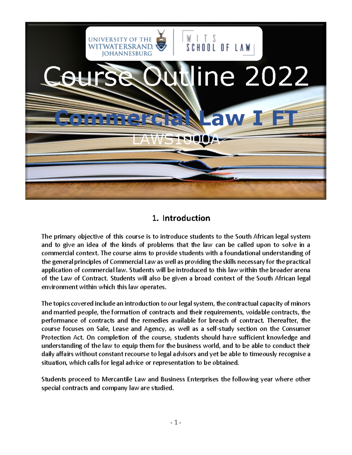 2nd Semester Commercial Law I FT Course outline 2022 Final - 1 ...