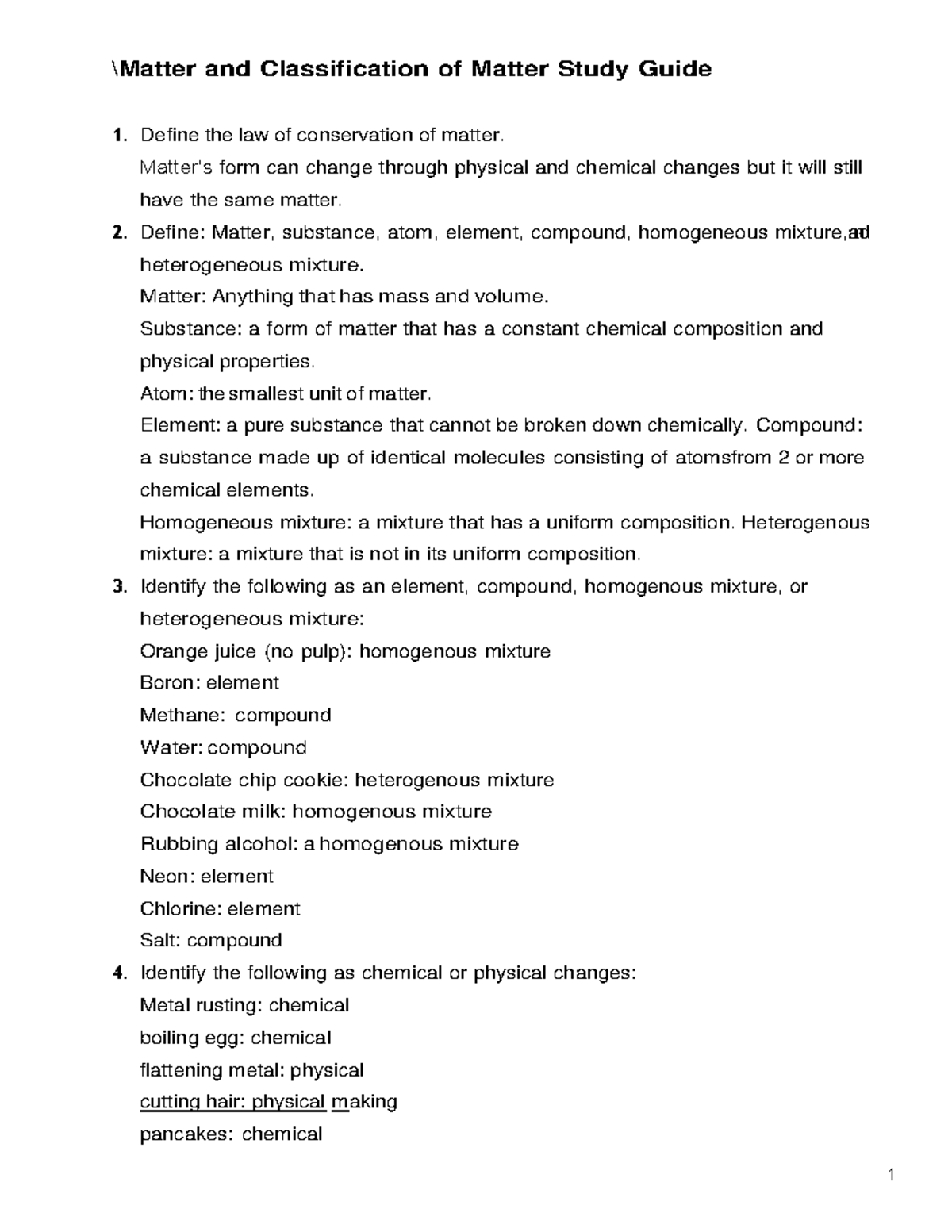 Matter and Classification of Matter Study Guide - Matter’s form can ...
