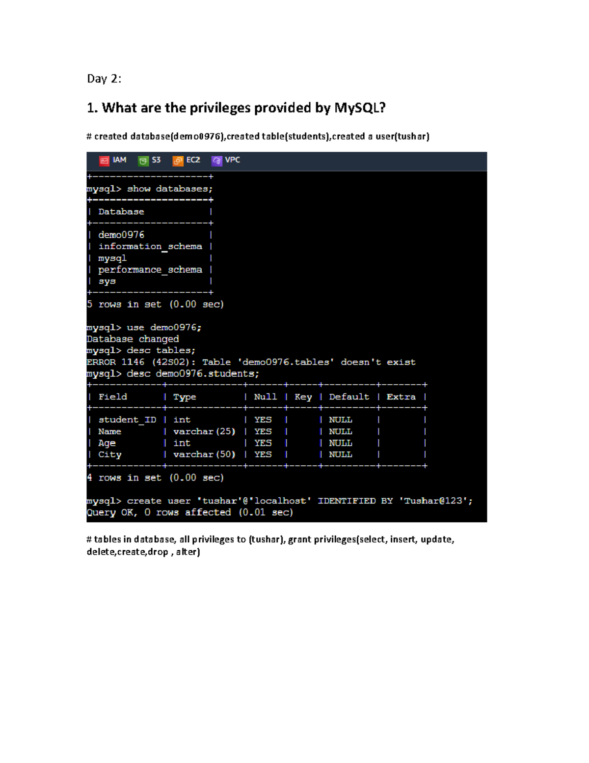 TASK DAY 2 - Day 2: What are the privileges provided by MySQL? created database(demo0976 ...