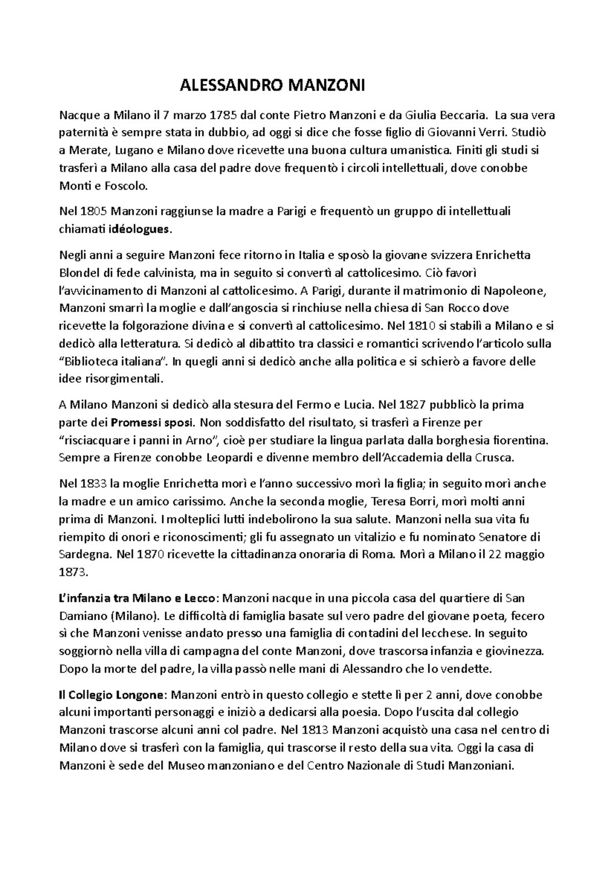 Alessandro Manzoni - Riassunti presi a lezione - ALESSANDRO MANZONI ...