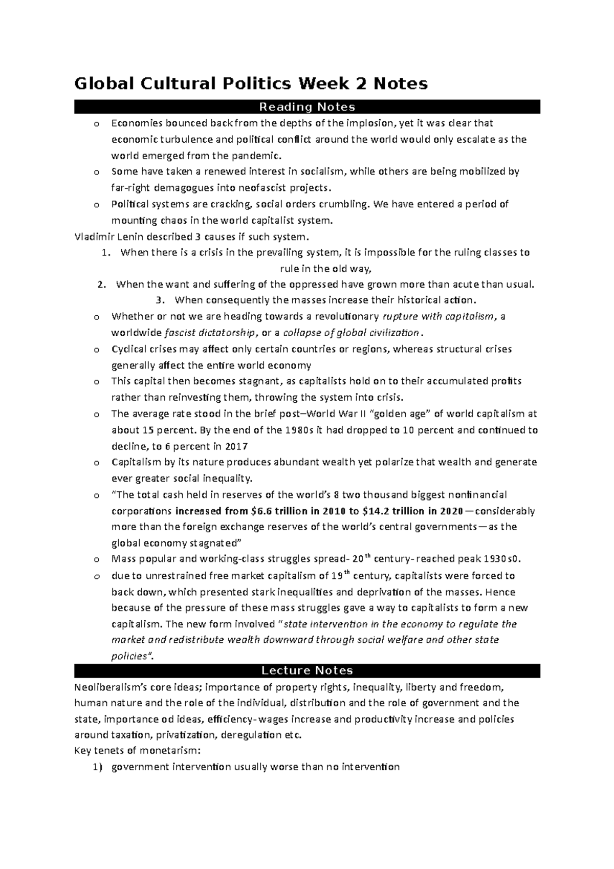 Global Cultural Politics Week 2 Notes - o Some have taken a renewed ...