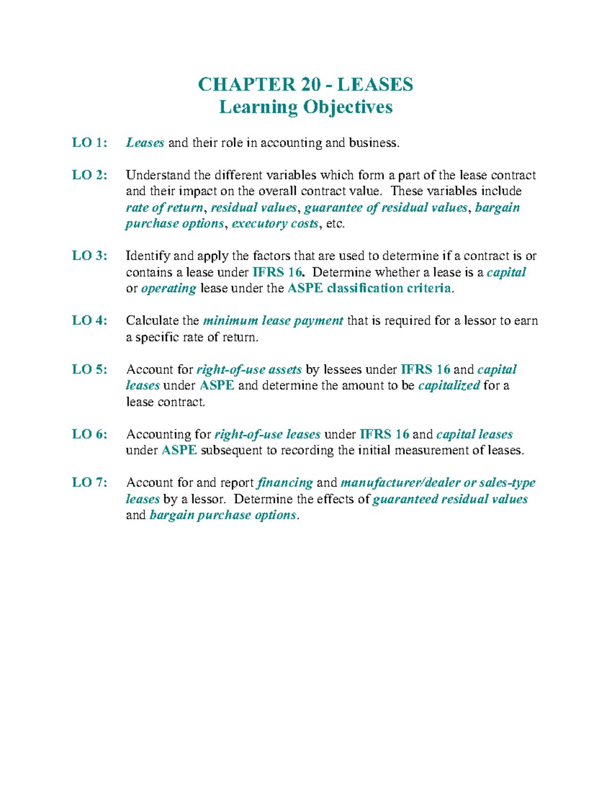 Lecture - Chapter 20 - Leases - CHAPTER 20 - LEASES Learning Objectives LO 1: Leases and their ...