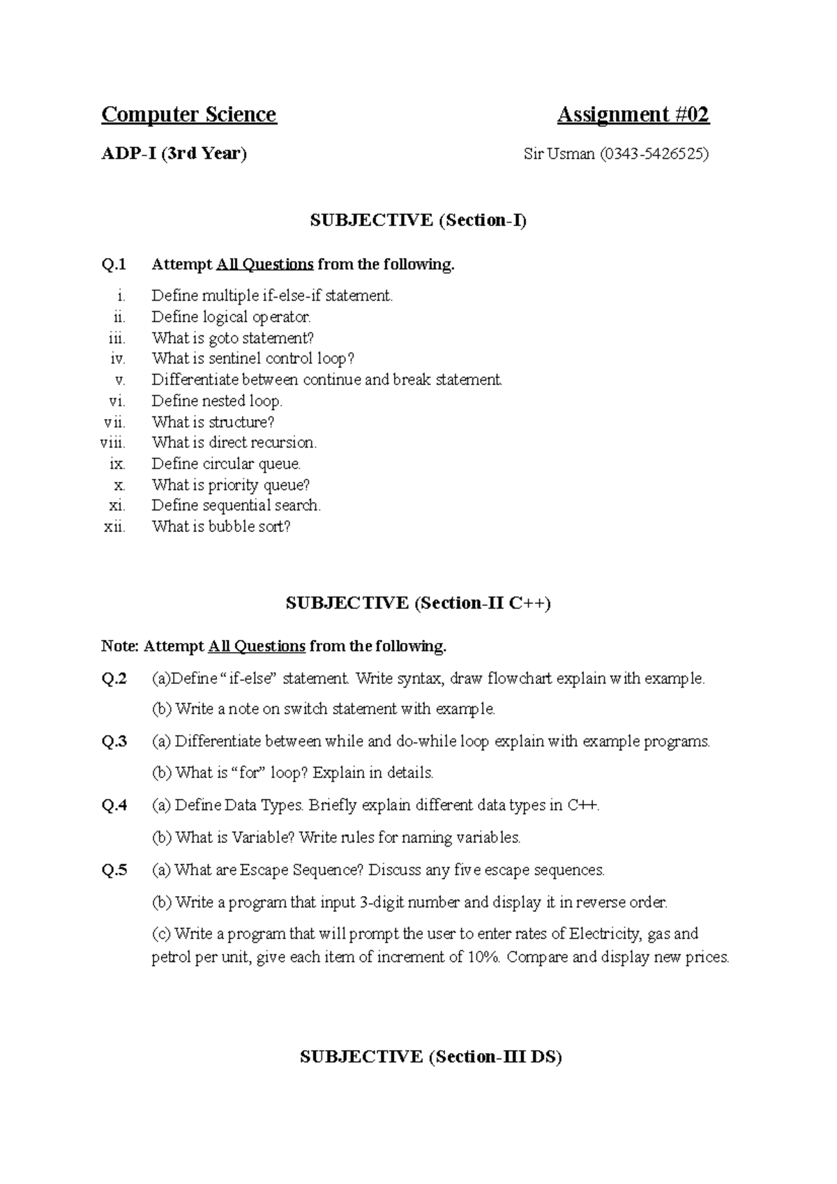 ADP-I Assignment 02 - Computer Science Assignment ADP-I (3rd Year) Sir Usman (0343-5426525 ...