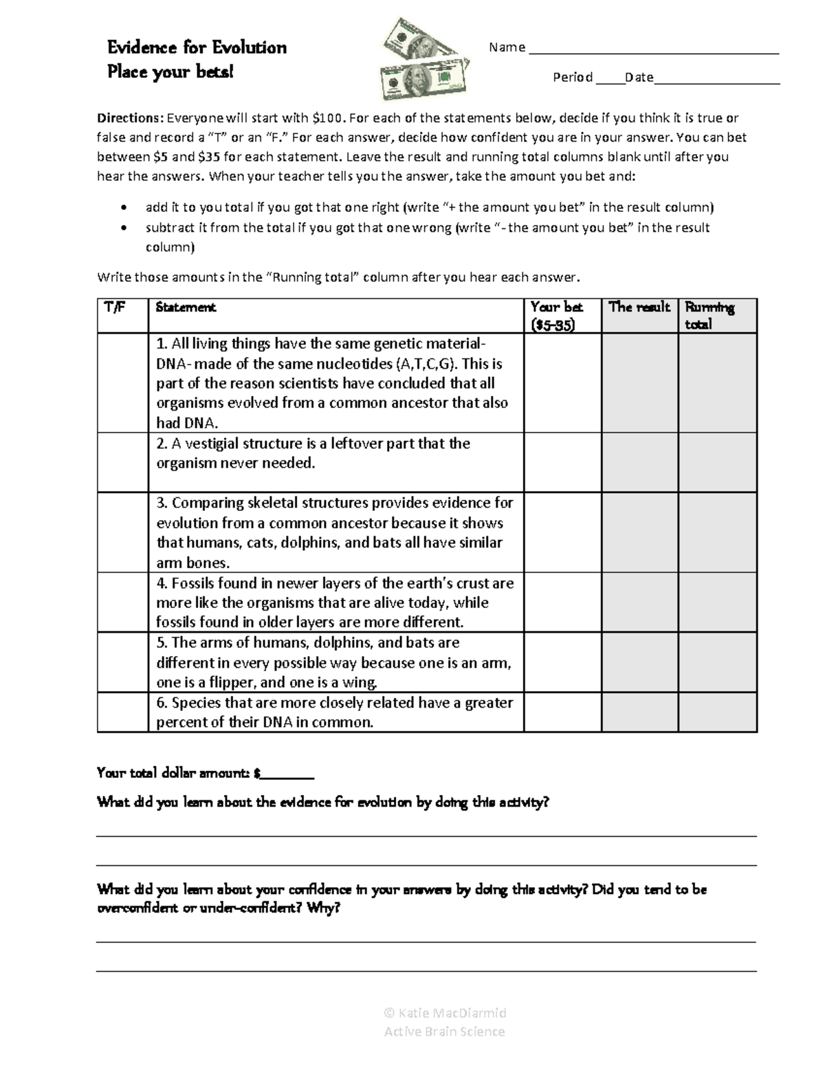 Place your bets An evidence for evolution review game-1 - Name