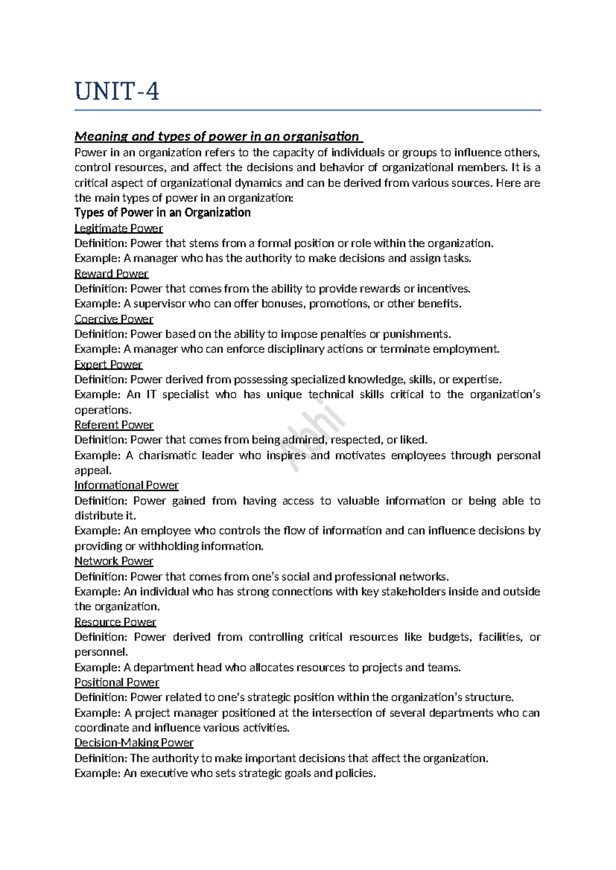 OB unit 4 A - OB unit 4 - UNIT- Meaning and types of power in an organisation Power in an - Studocu