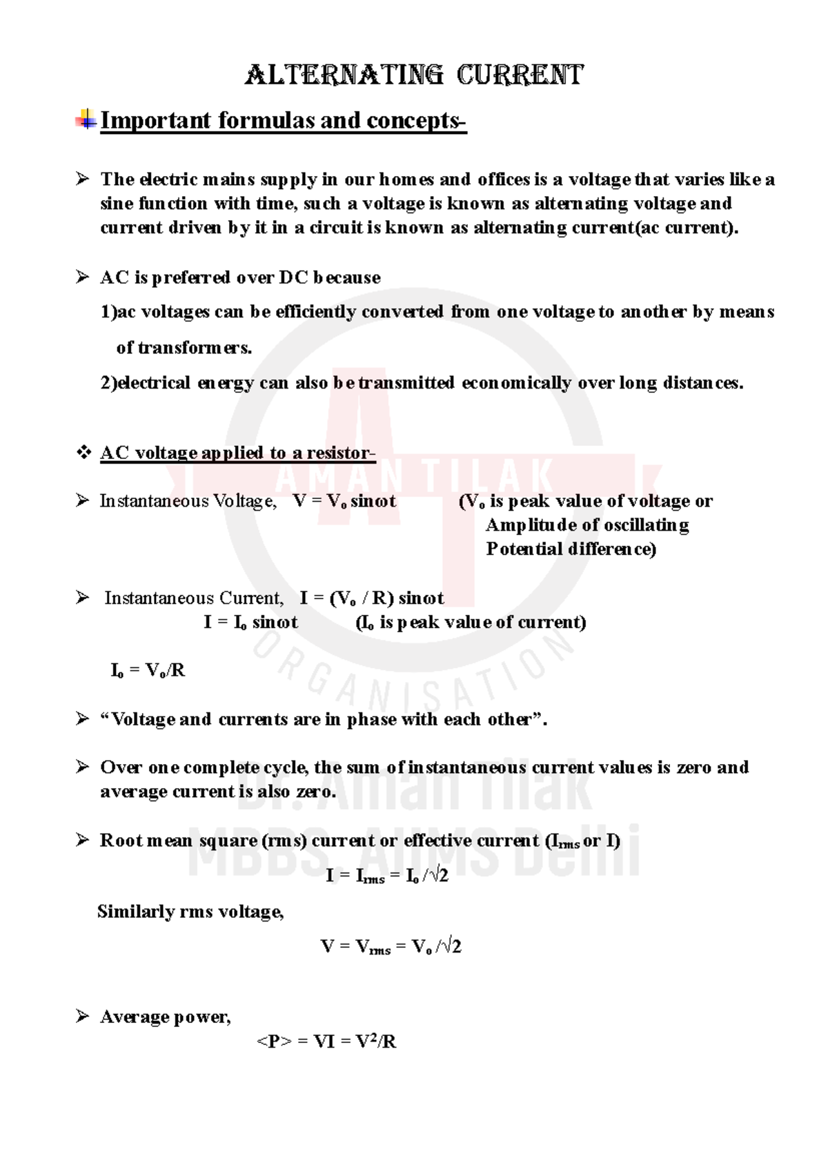 NSE 21. Alternating Current - AlternAting current Important formulas and concepts- The electric ...