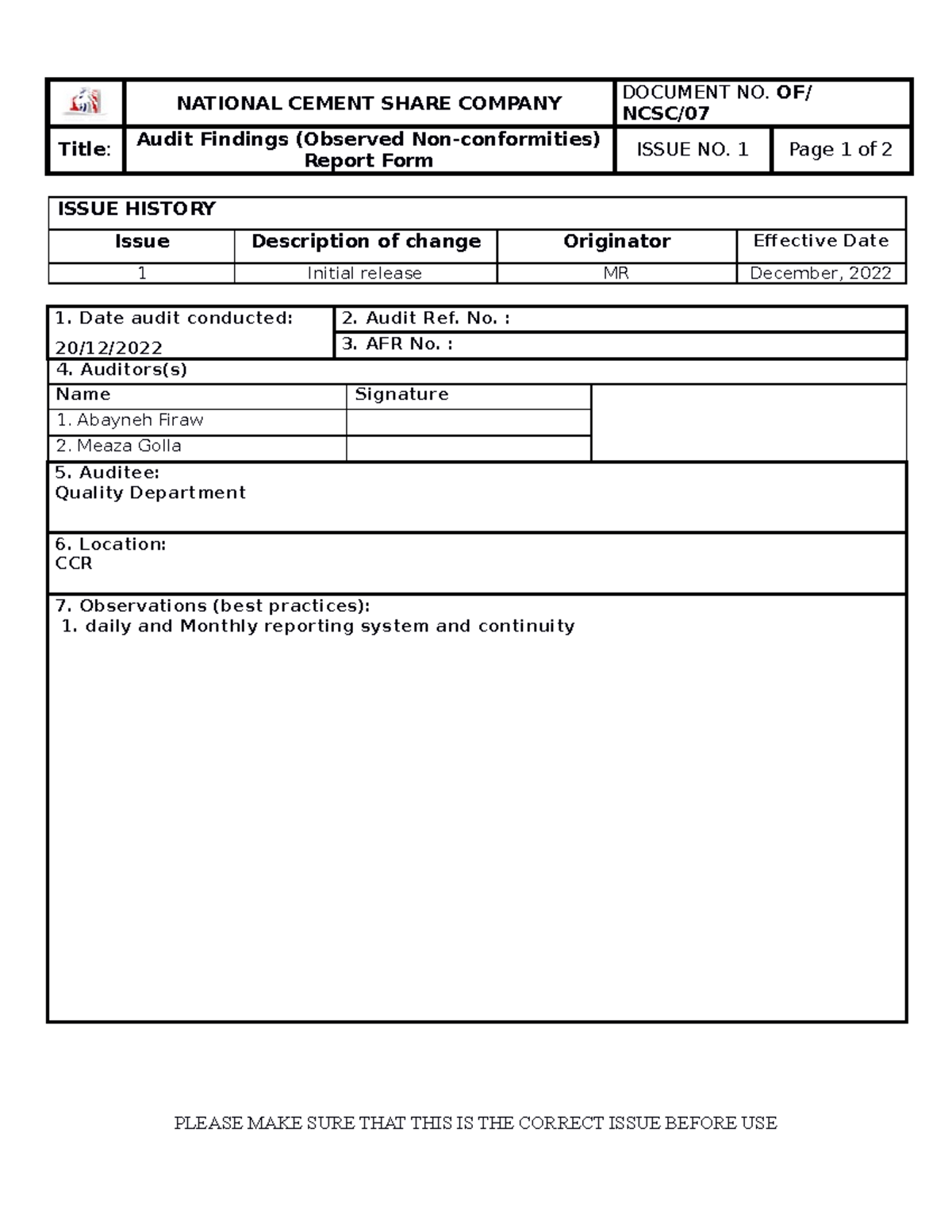 OF-NCSC-07 Audit Non Conformity reporting forms Dec, 2022 - NATIONAL ...