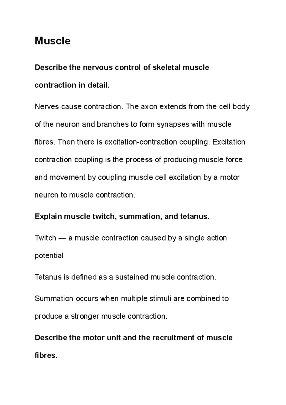 Muscle - Notes - Muscle Describe the nervous control of skeletal muscle ...