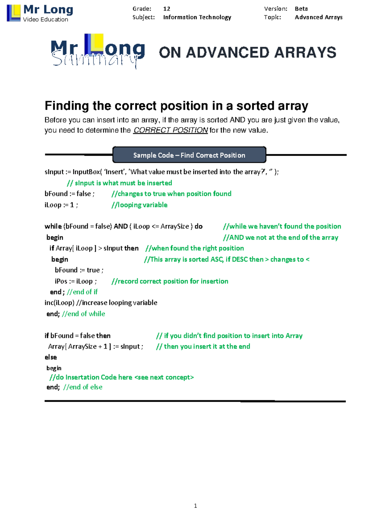 Copy of Advanced Arrays Mr Long Summary - Subject: Information ...