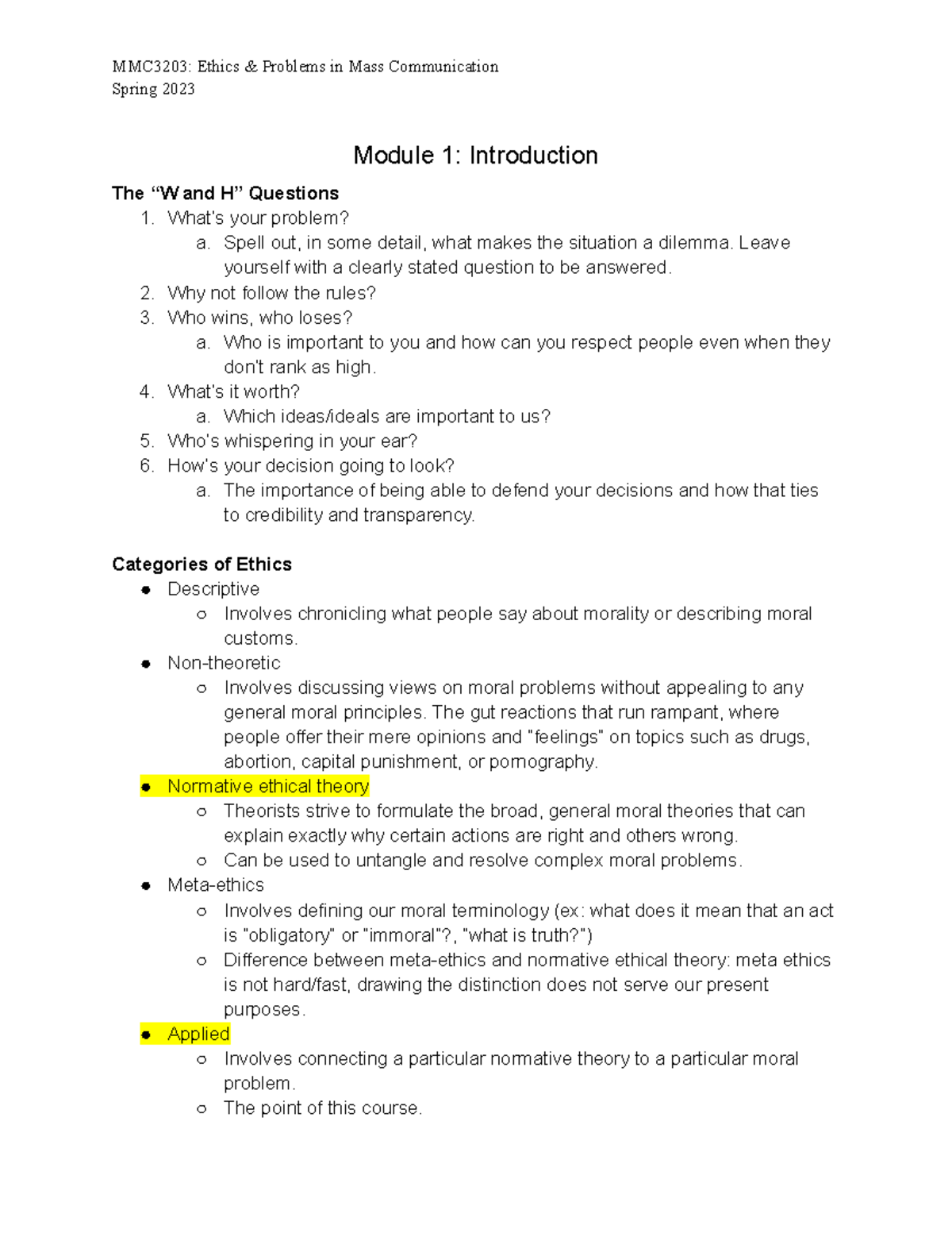 MMC3203 Notes - Spring 2023 Module 1: Introduction The “W and H ...
