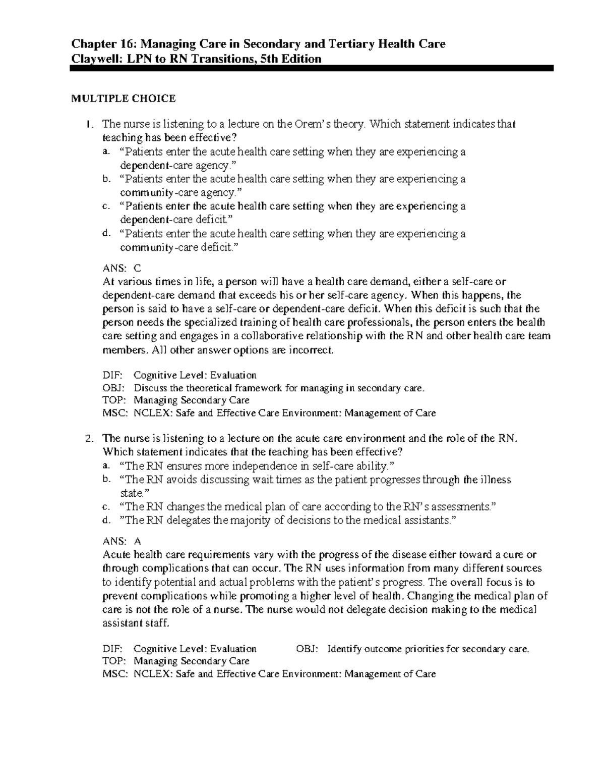 16 - study guide - Chapter 16: Managing Care in Secondary and Tertiary ...