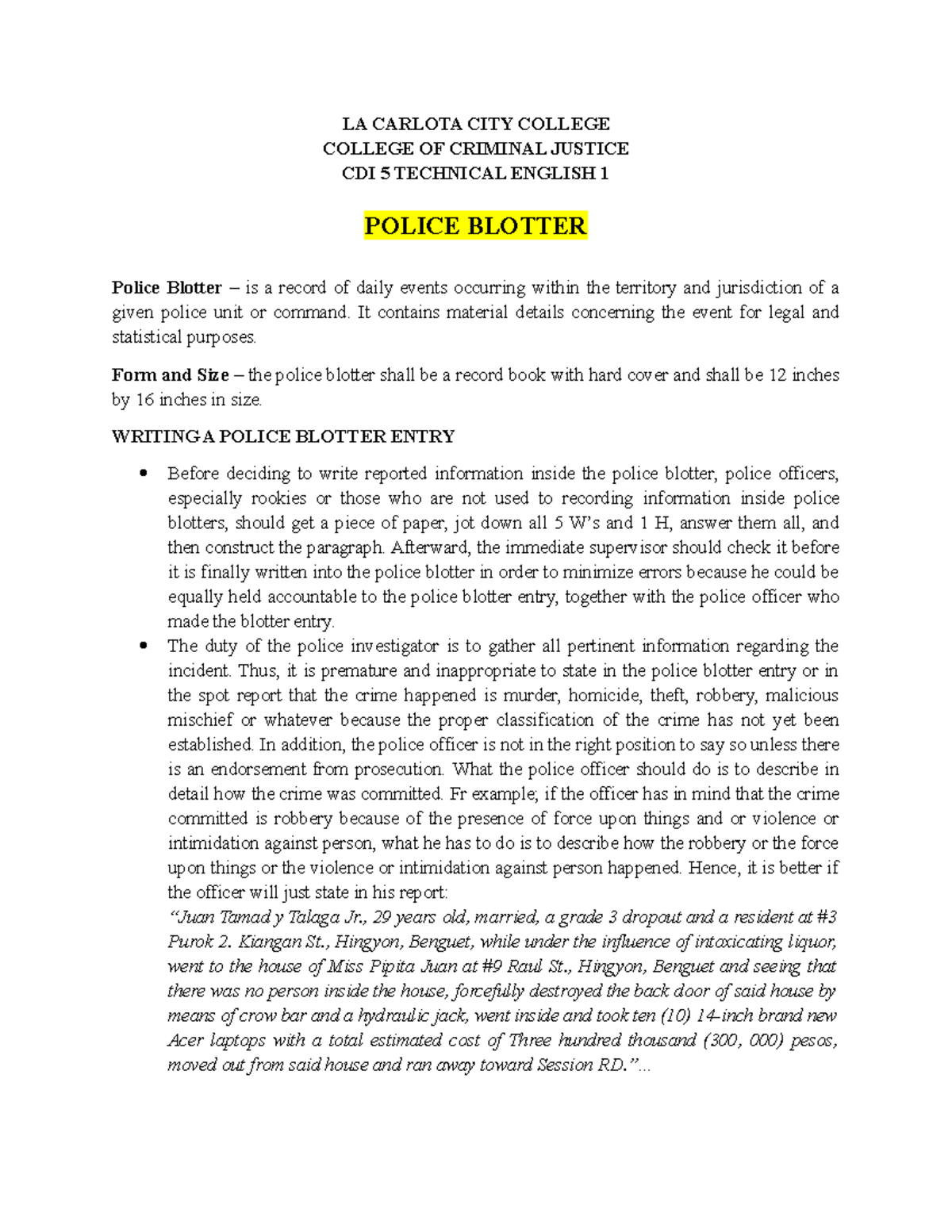 Police- Blotter- Module - LA CARLOTA CITY COLLEGE COLLEGE OF CRIMINAL ...
