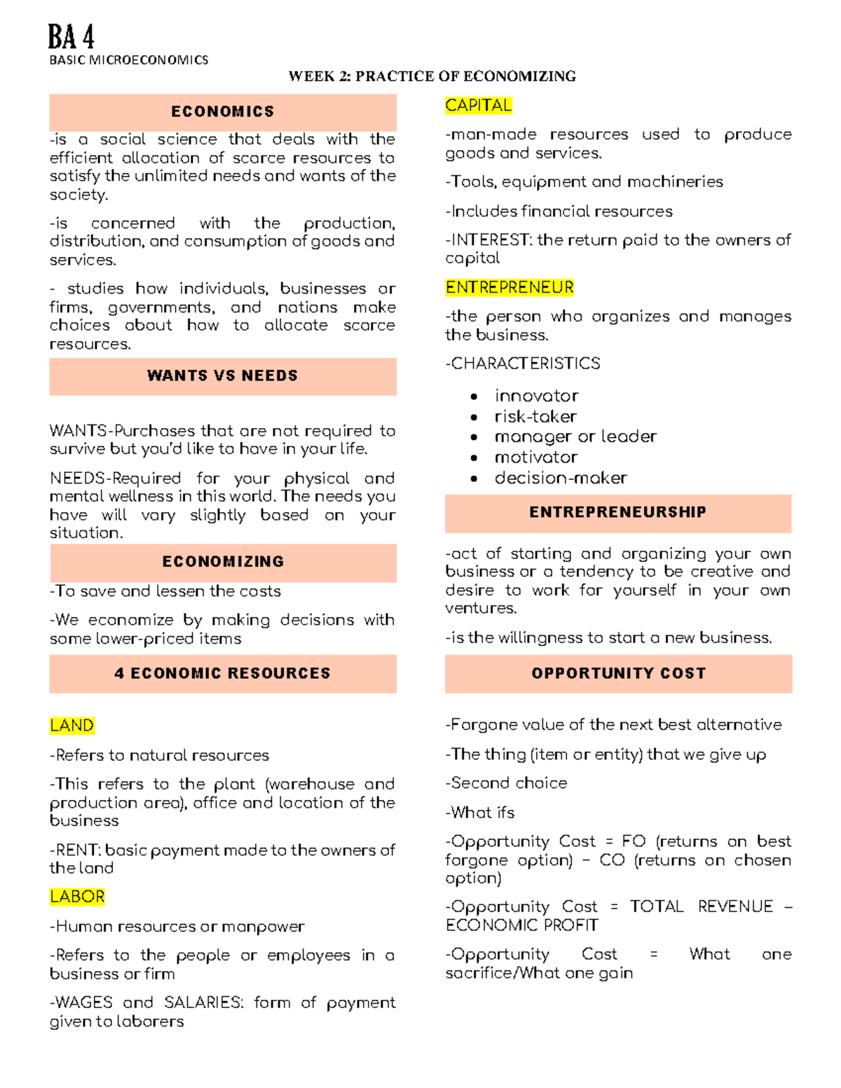 Ba4 33 - RESOURCE - BASIC MICROECONOMICS ECONOMICS WANTS VS NEEDS ...
