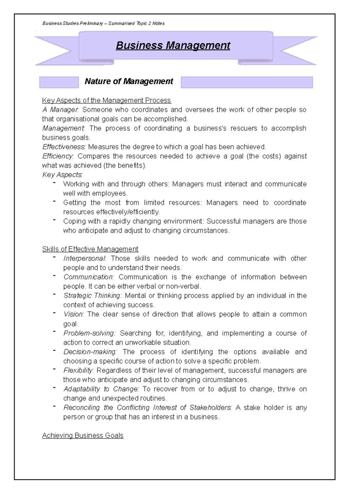 Topic 2 - Business Managment - Nature of Management Key Aspects of the ...