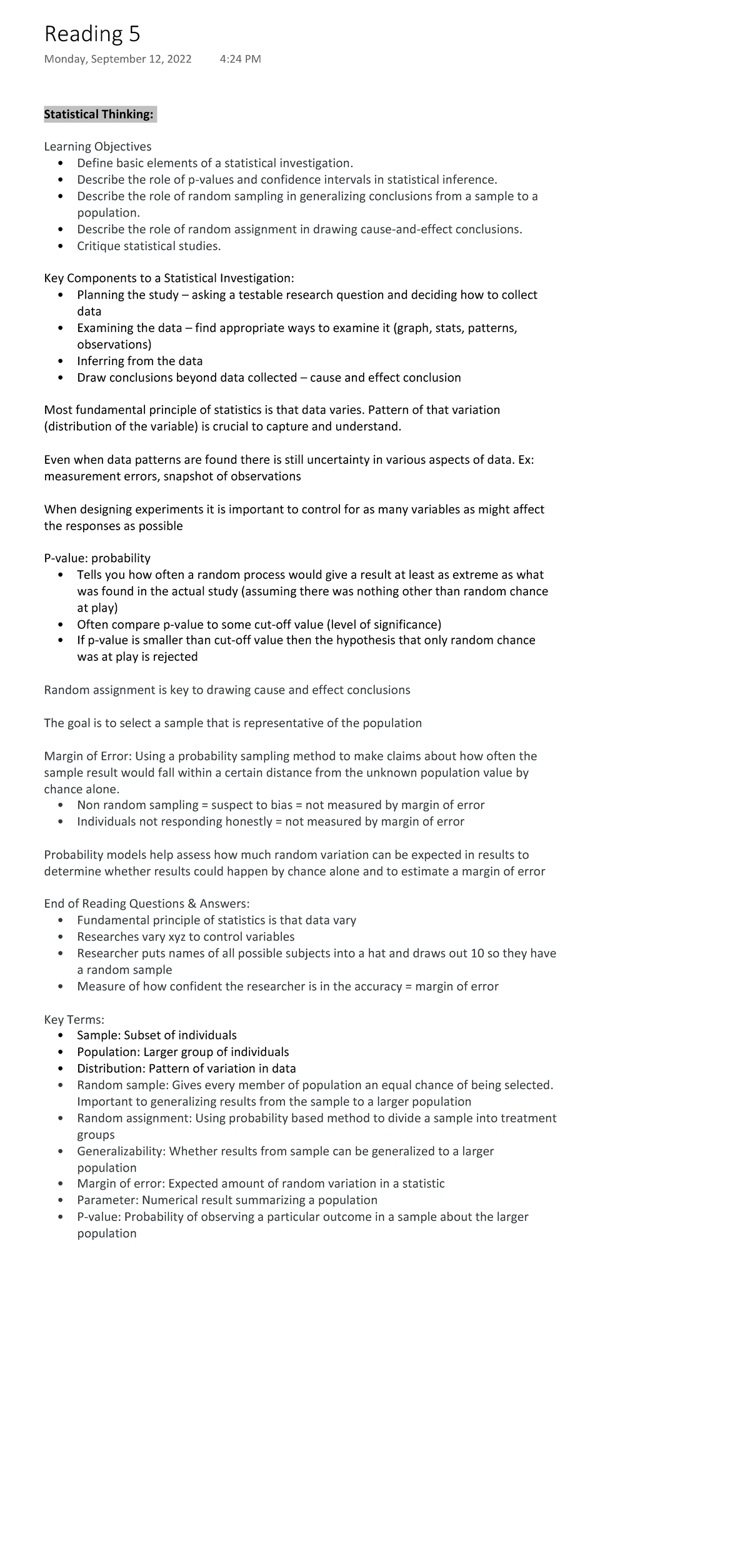 Reading 5 - Statistical Thinking: Learning Objectives - Define basic elements of a statistical ...