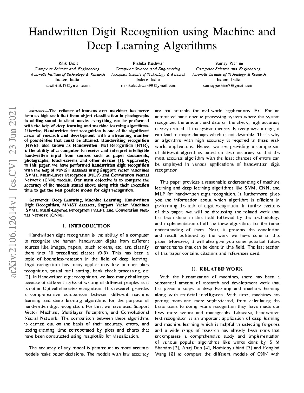 2106 Huihggh Handwritten Digit Recognition Using Machine And Deep Learning Algorithms Ritik