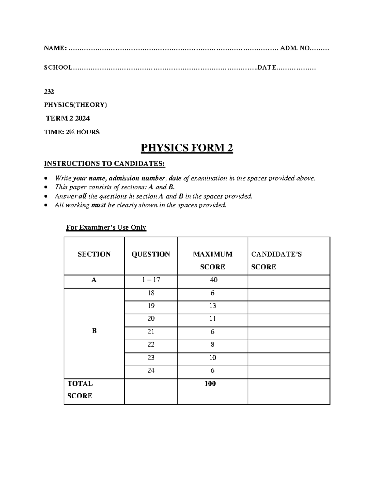 Physics FORM TWO TERM TWO 2024 - NAME: - Studocu
