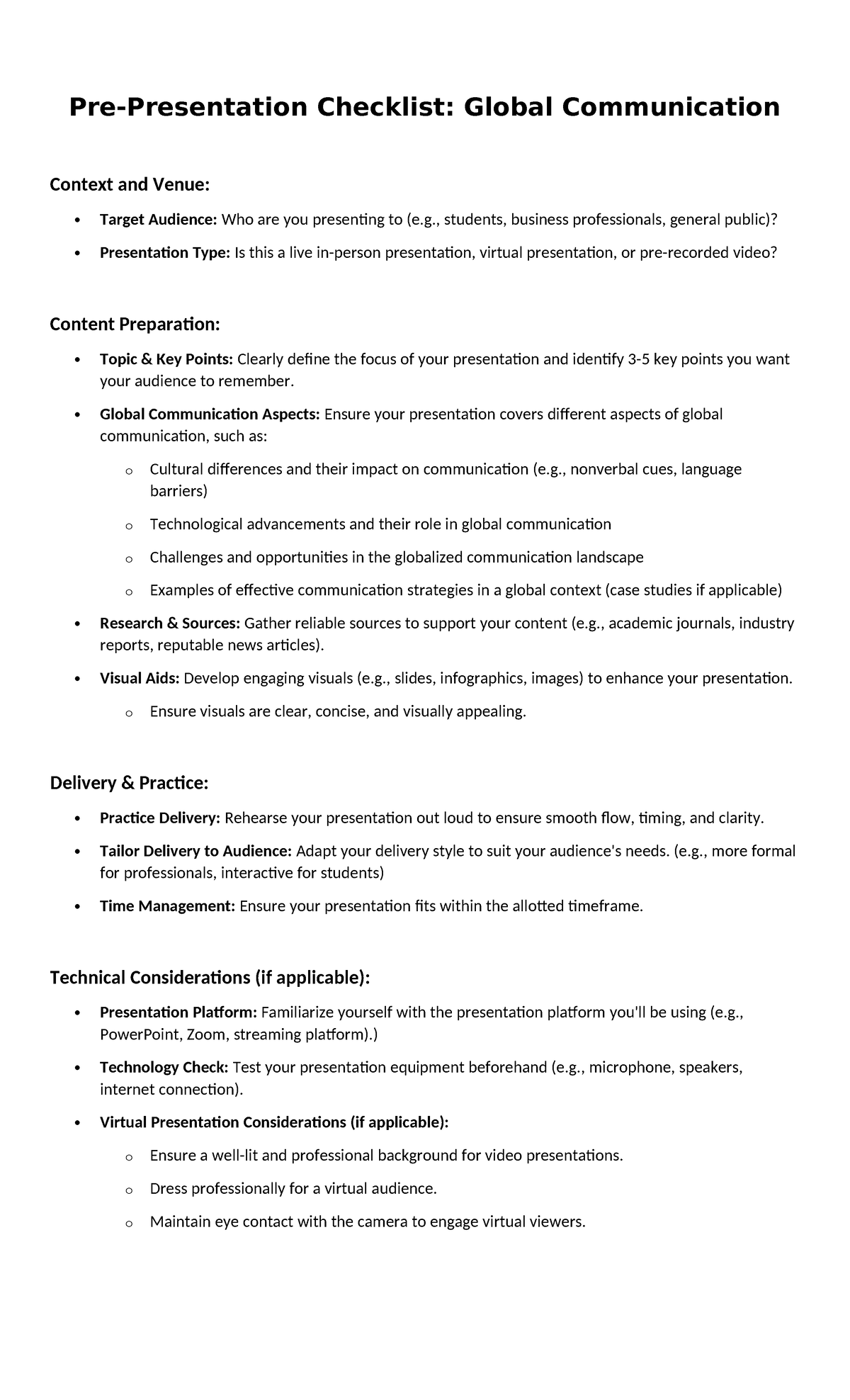 Presentation Checklist - Pre-Presentation Checklist: Global ...