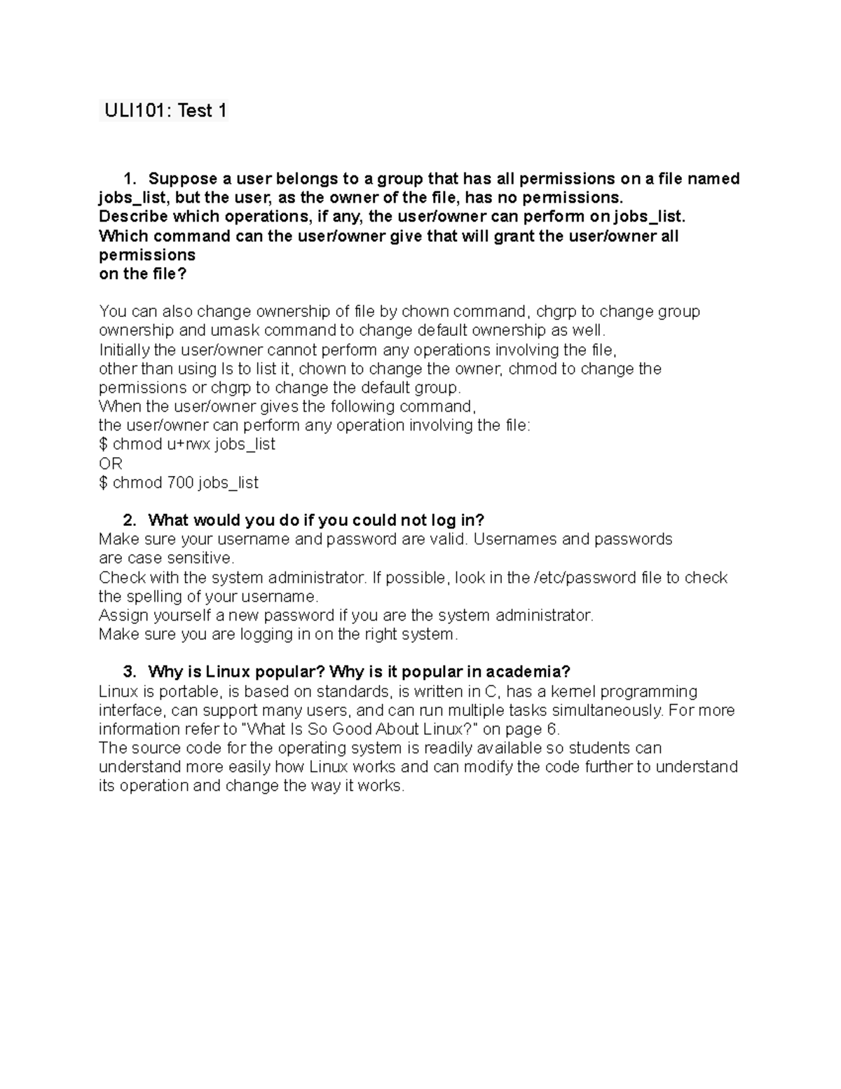 Uli101 Test 1 Answers Uli101 Test 1 1 Suppose A User Belongs To A Group That Has All