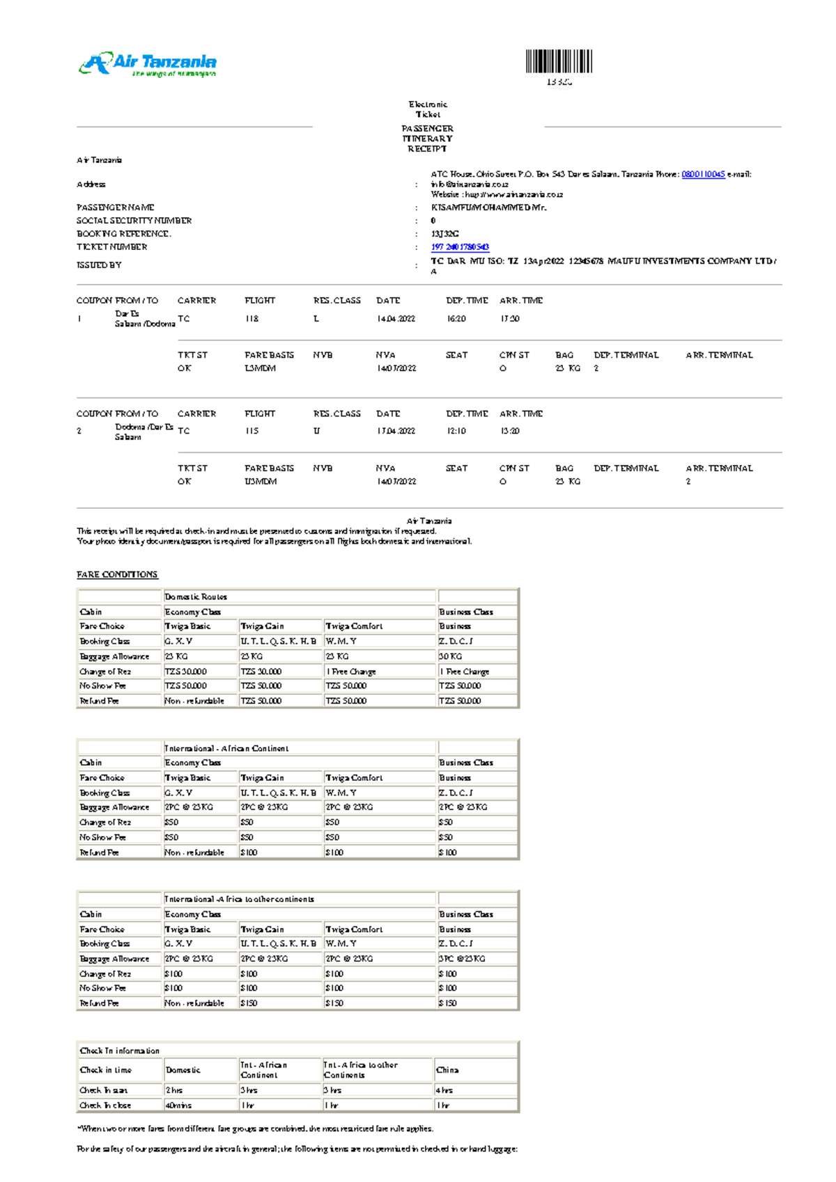 Mr Kisamfu Dodoma - Electronic Ticket PASSENGER ITINERARY RECEIPT Air ...