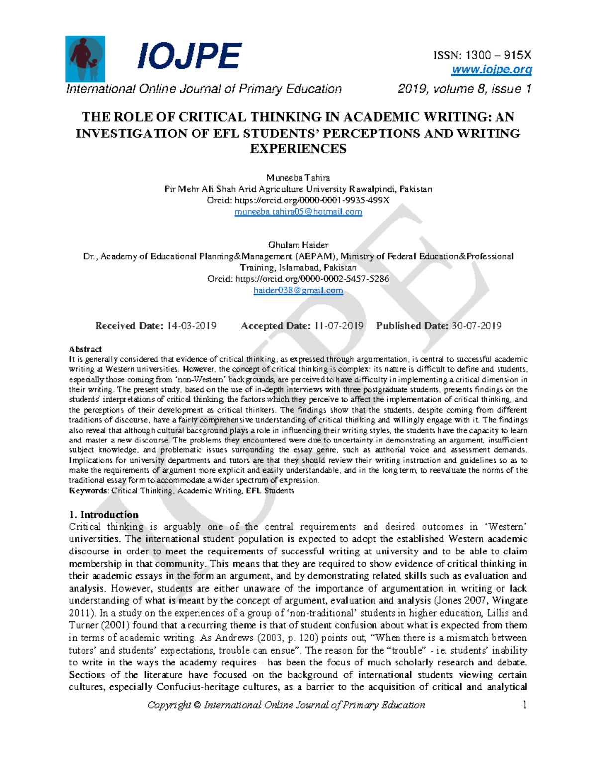 THE ROLE OF Critical Thinking IN Academic Writing AN Investigation OF ...