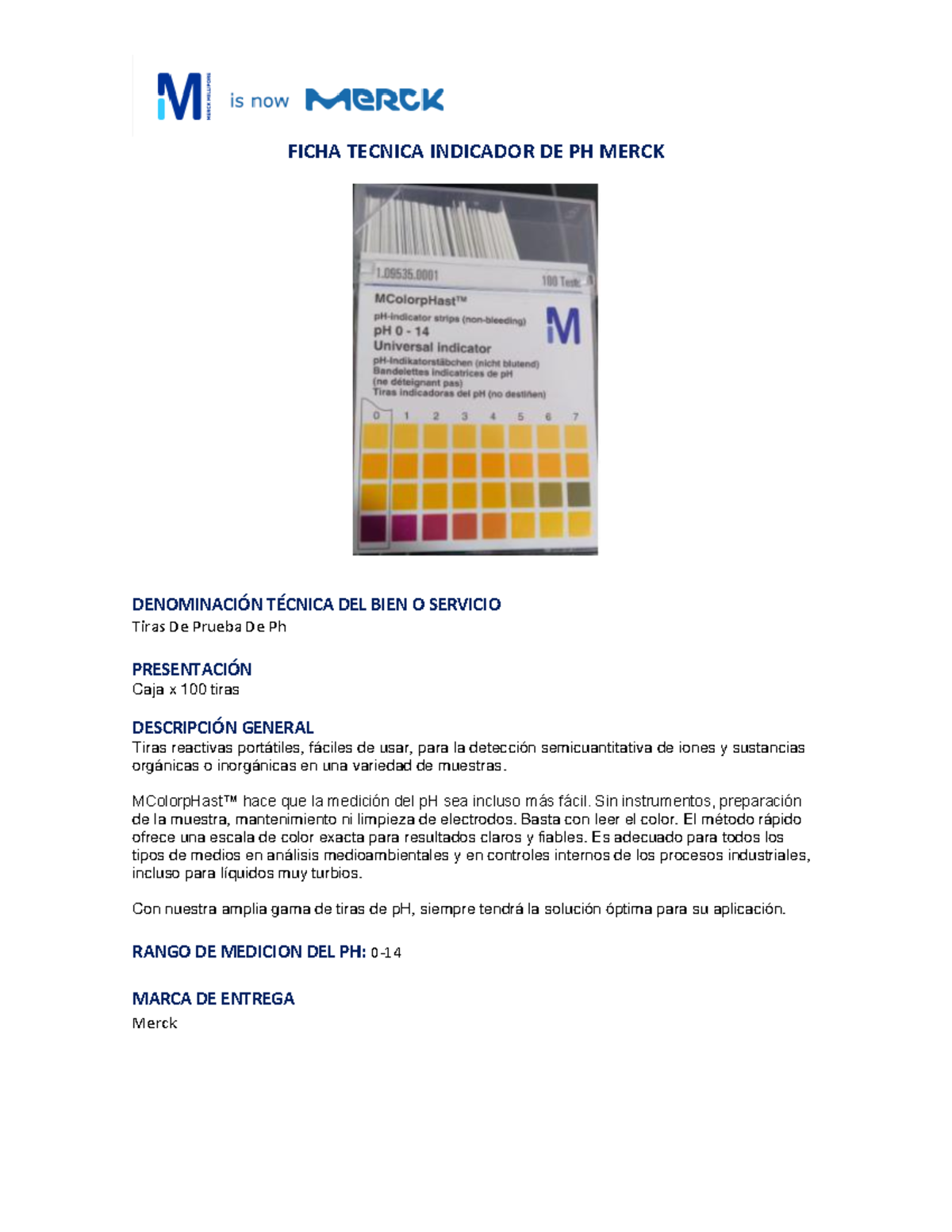 Ficha Tecnica TIRA Medidor DE PH Merck - FICHA TECNICA INDICADOR DE PH ...