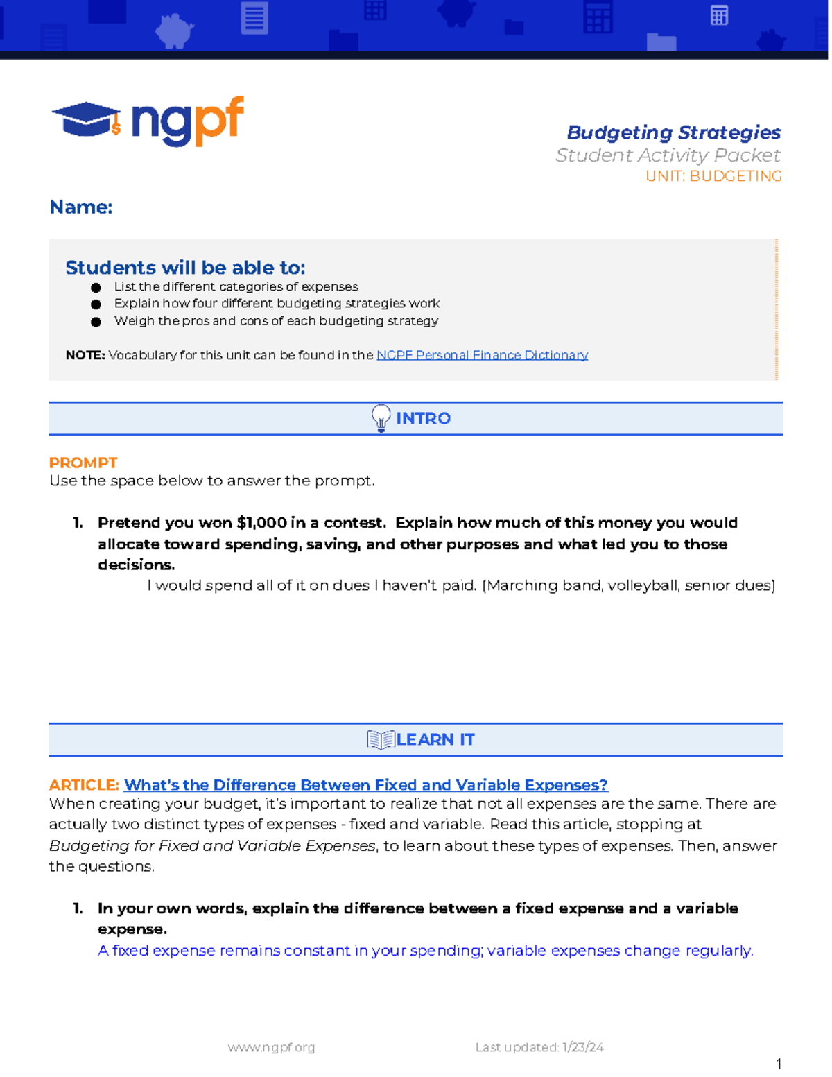 Copy of Copy of Budgeting Strategies Student Activity Packet ...