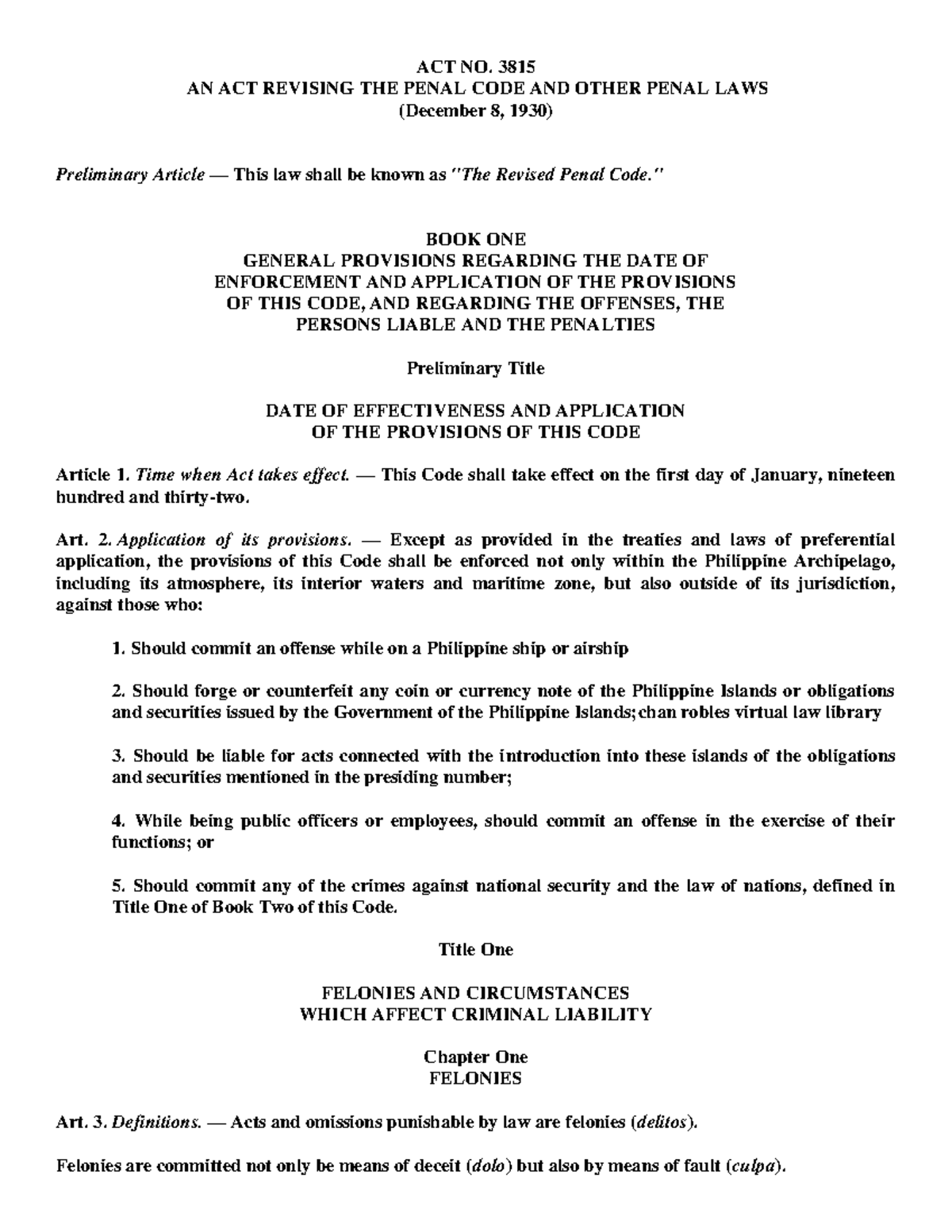 (CLJ BOOK 1) scribdfree - ACT NO. 3815 AN ACT REVISING THE PENAL CODE ...