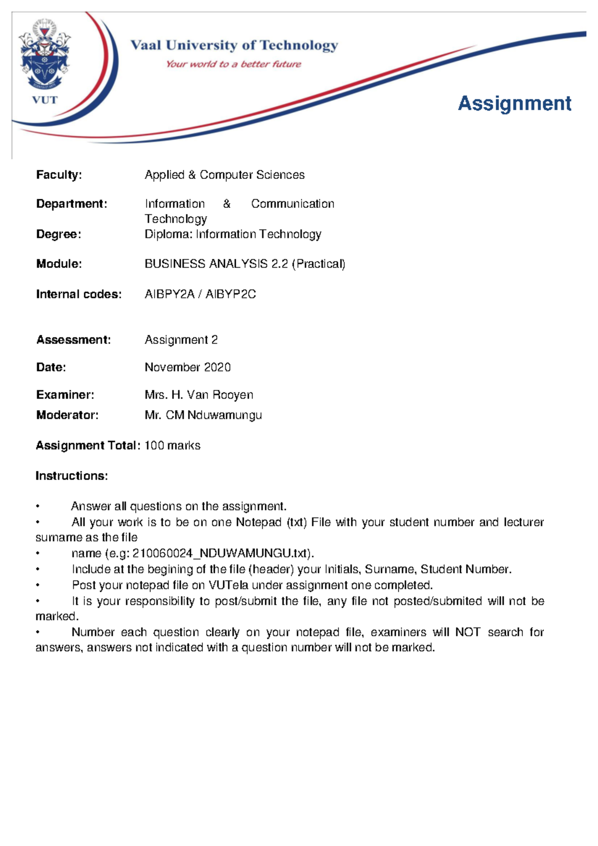 Aibyp 2A Assignment 2 2020 - Faculty: Applied & Computer Sciences ...