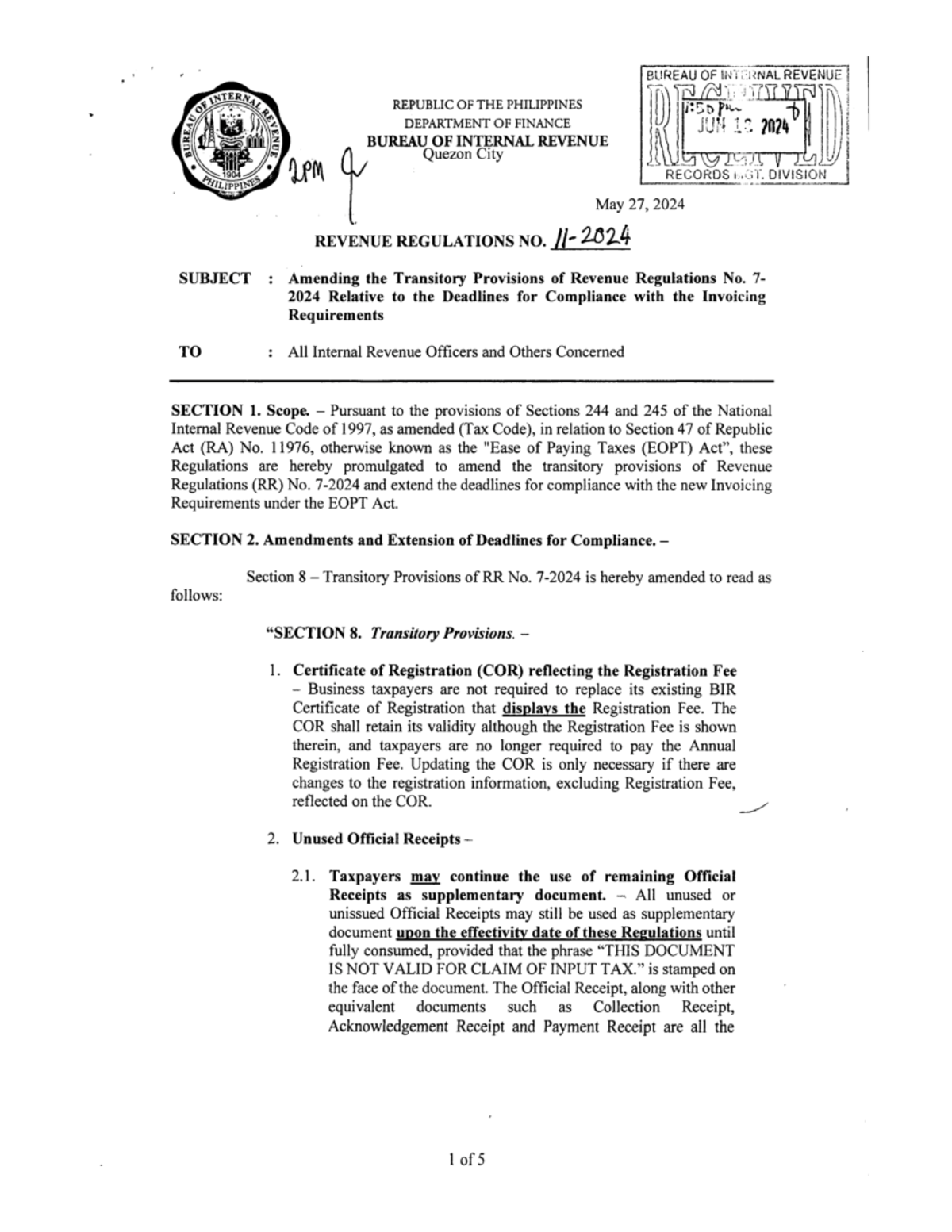 RR 11-2024 - AMENDING TRANSITORY PROVISIONS OF RR 7-2024 - BUREAU OF ...