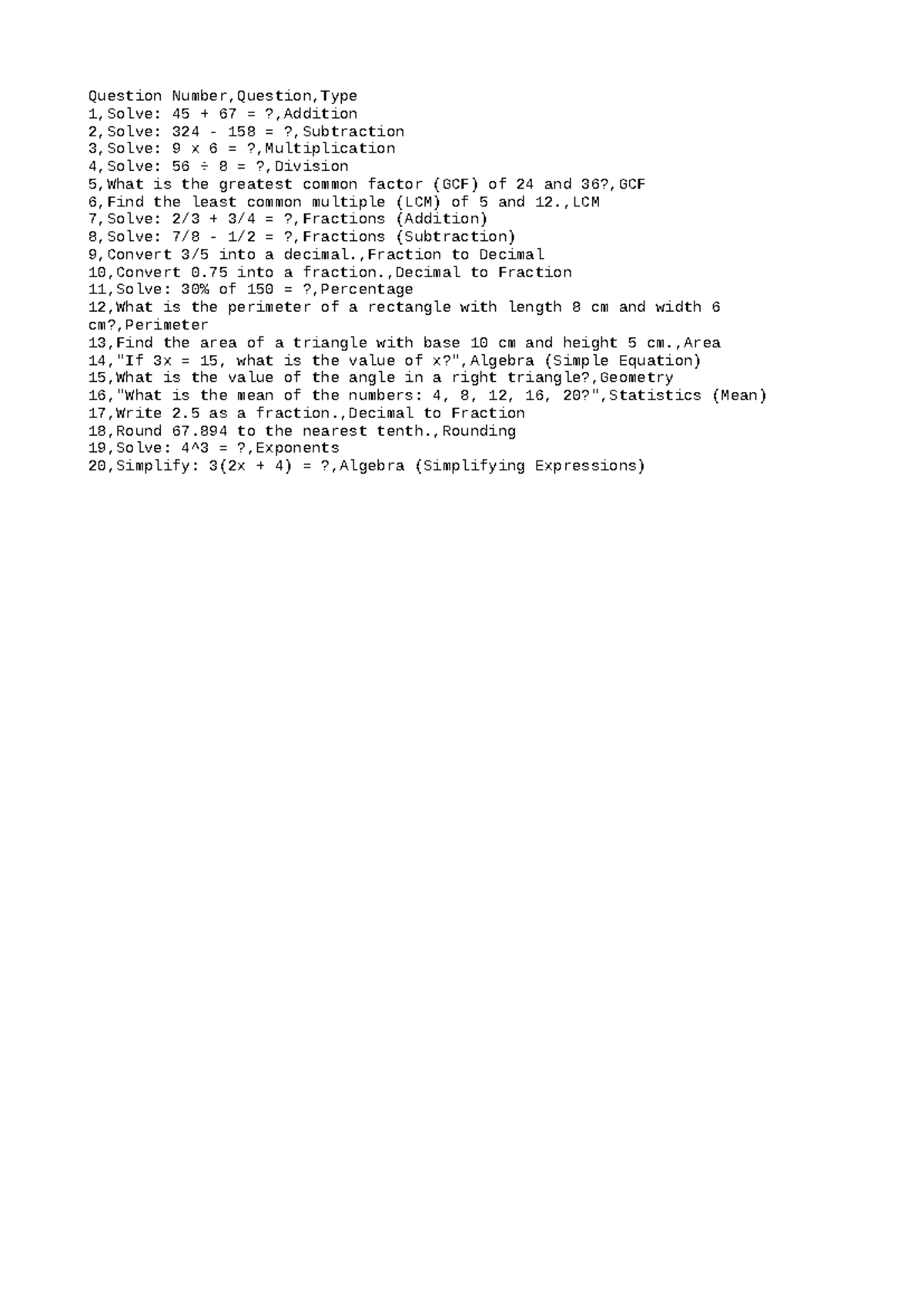 6th grade math assessment - Question Number,Question,Type 1,Solve: 45 ...